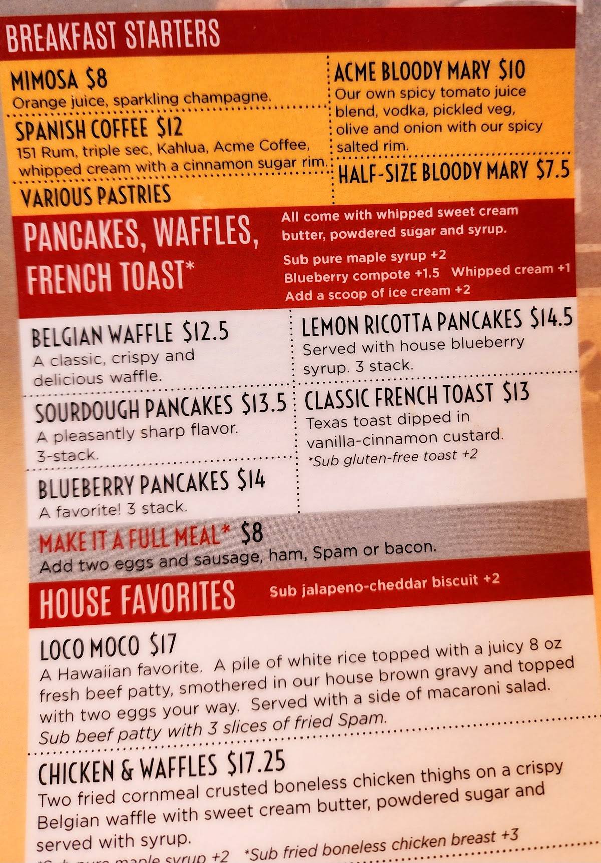 Menu at ACME Cafe, Salem