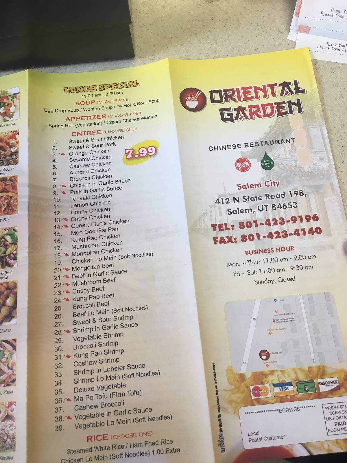 Menu at Oriental Garden restaurant, Salem