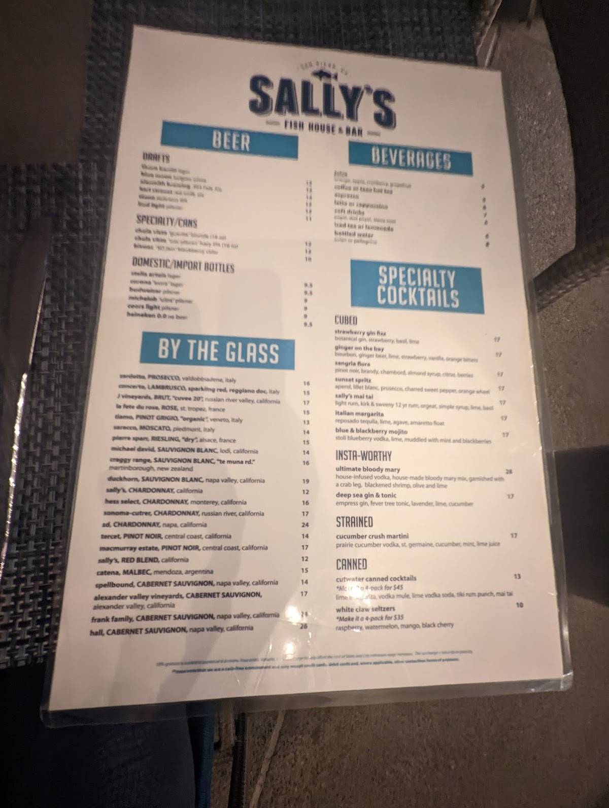 Menu at Sally's Fish House & Bar, San Diego