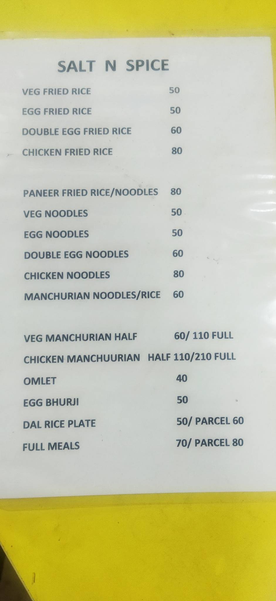 Menu at Salt N Spice, Hyderabad, Rajiv gandhi Nagar