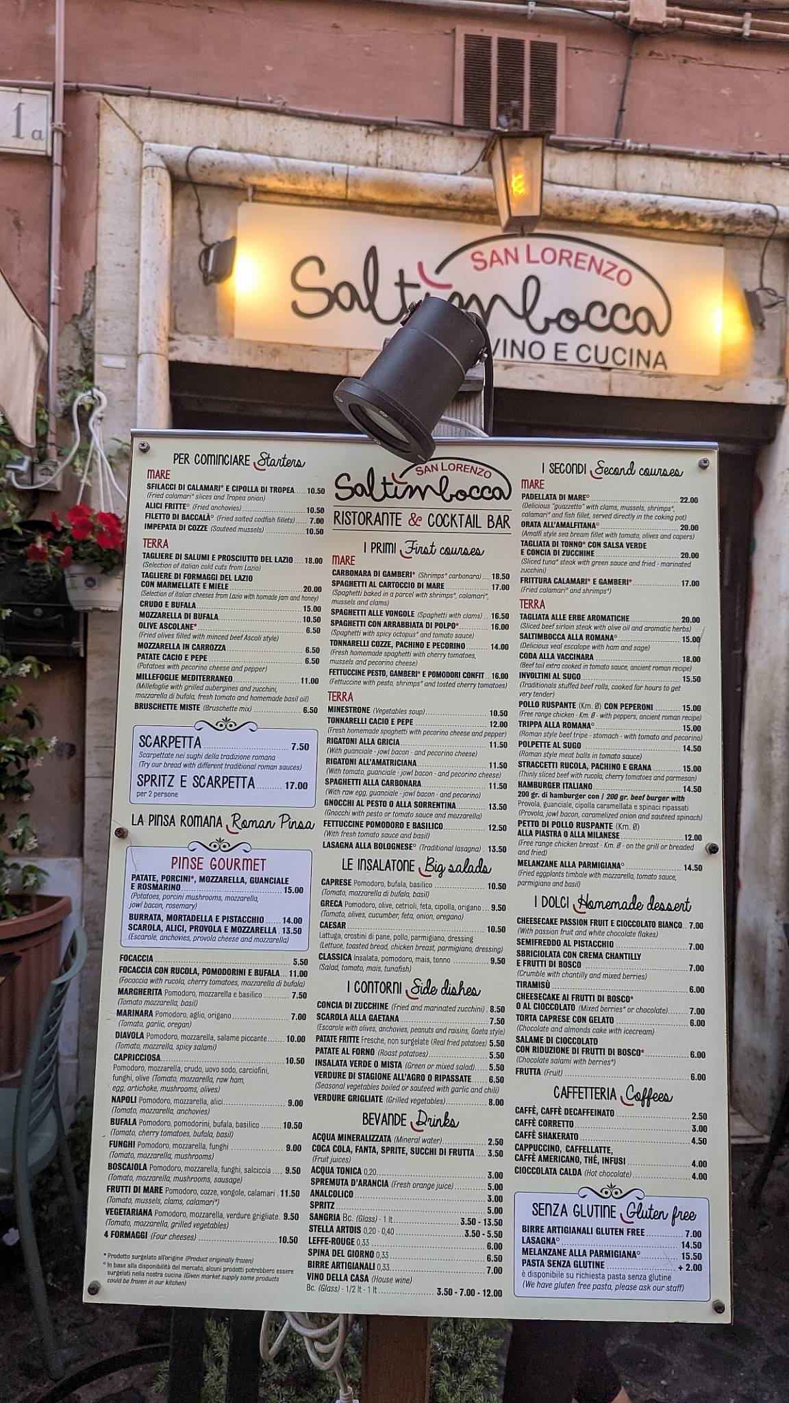 Menu at Saltimbocca San Lorenzo restaurant, Rome