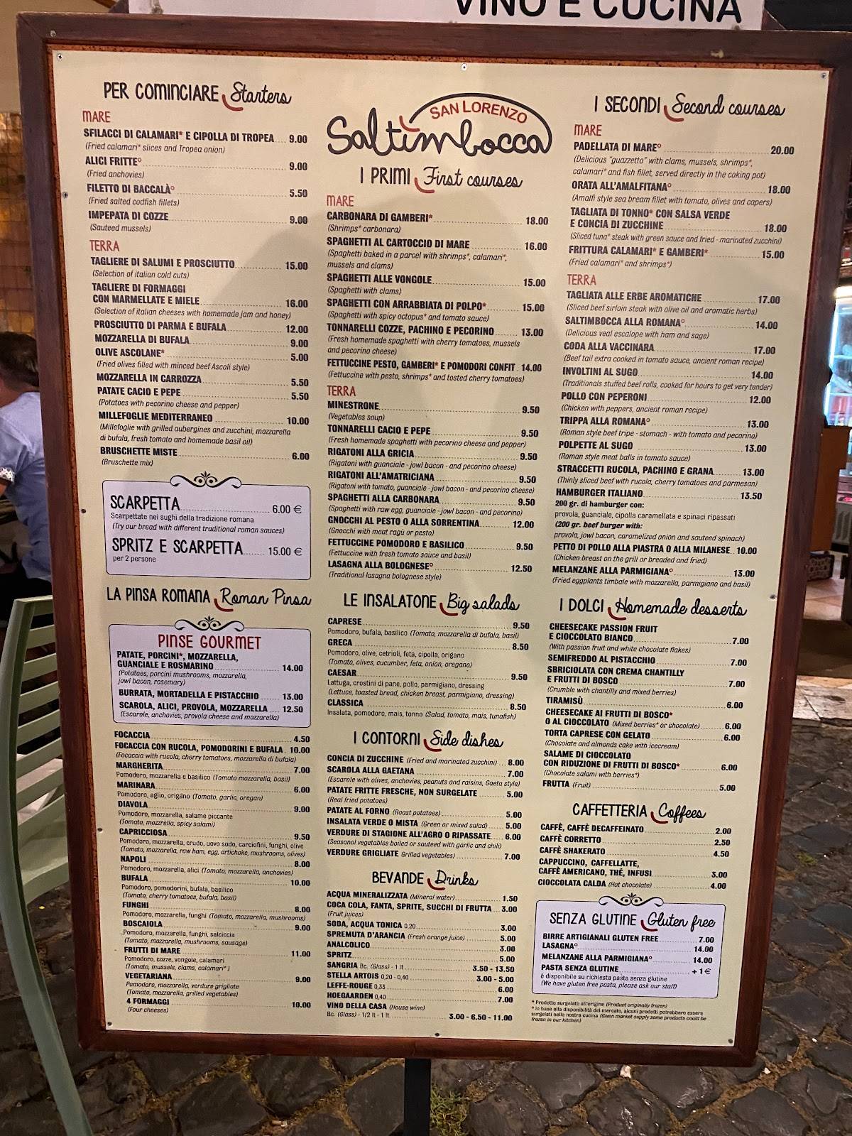 Menu at Saltimbocca San Lorenzo restaurant, Rome