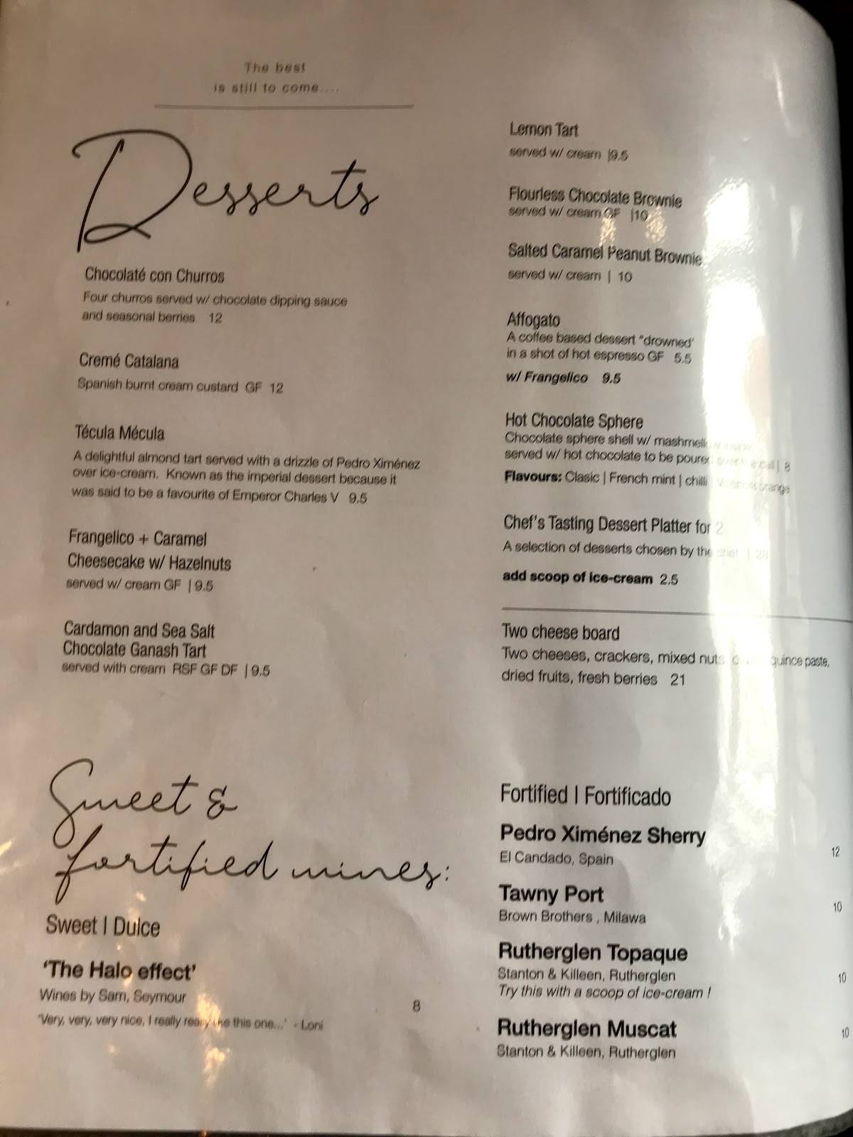 Carta del restaurante Saludos, Albury