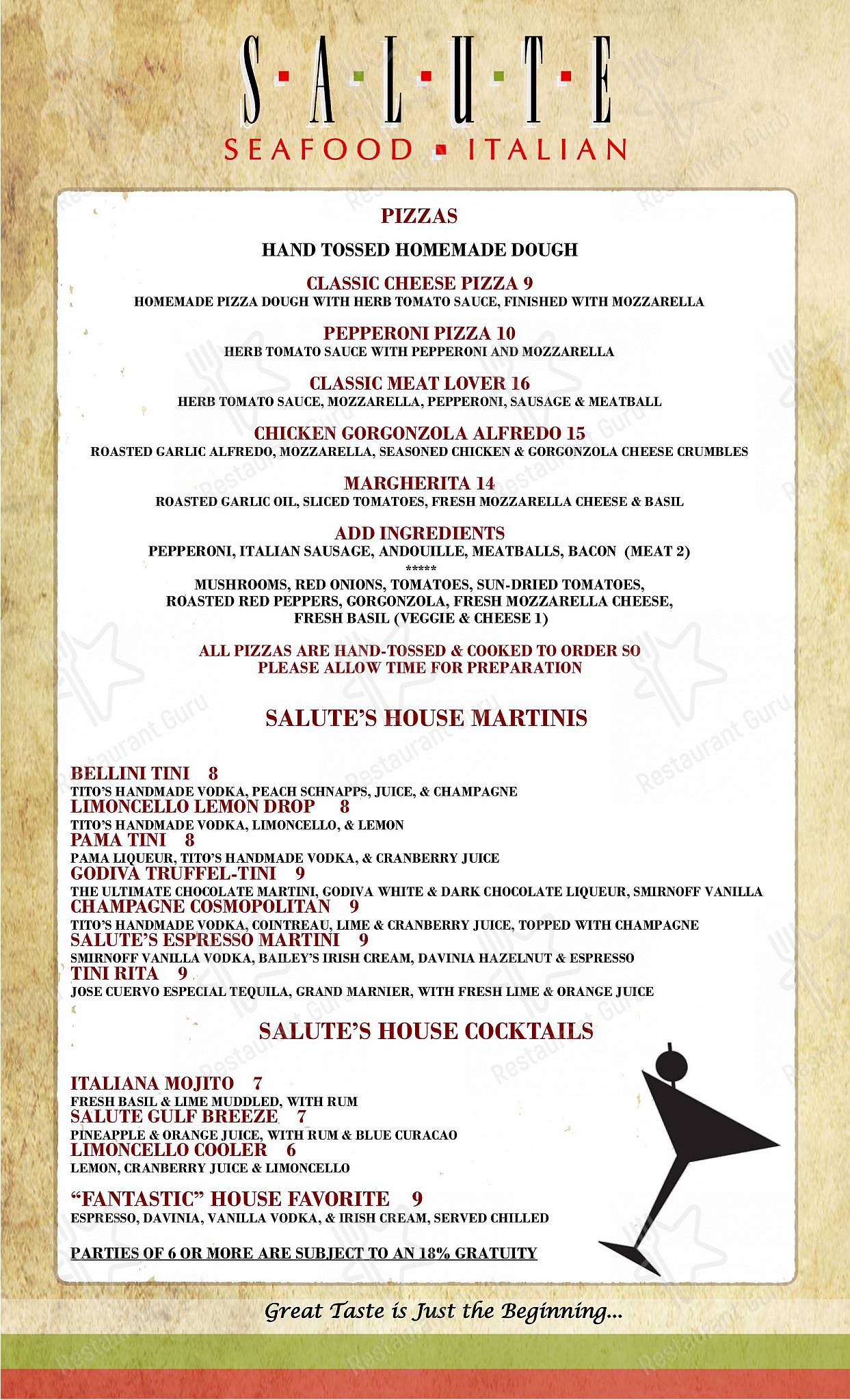 Menu at Salute Italian Restaurant, Gulfport