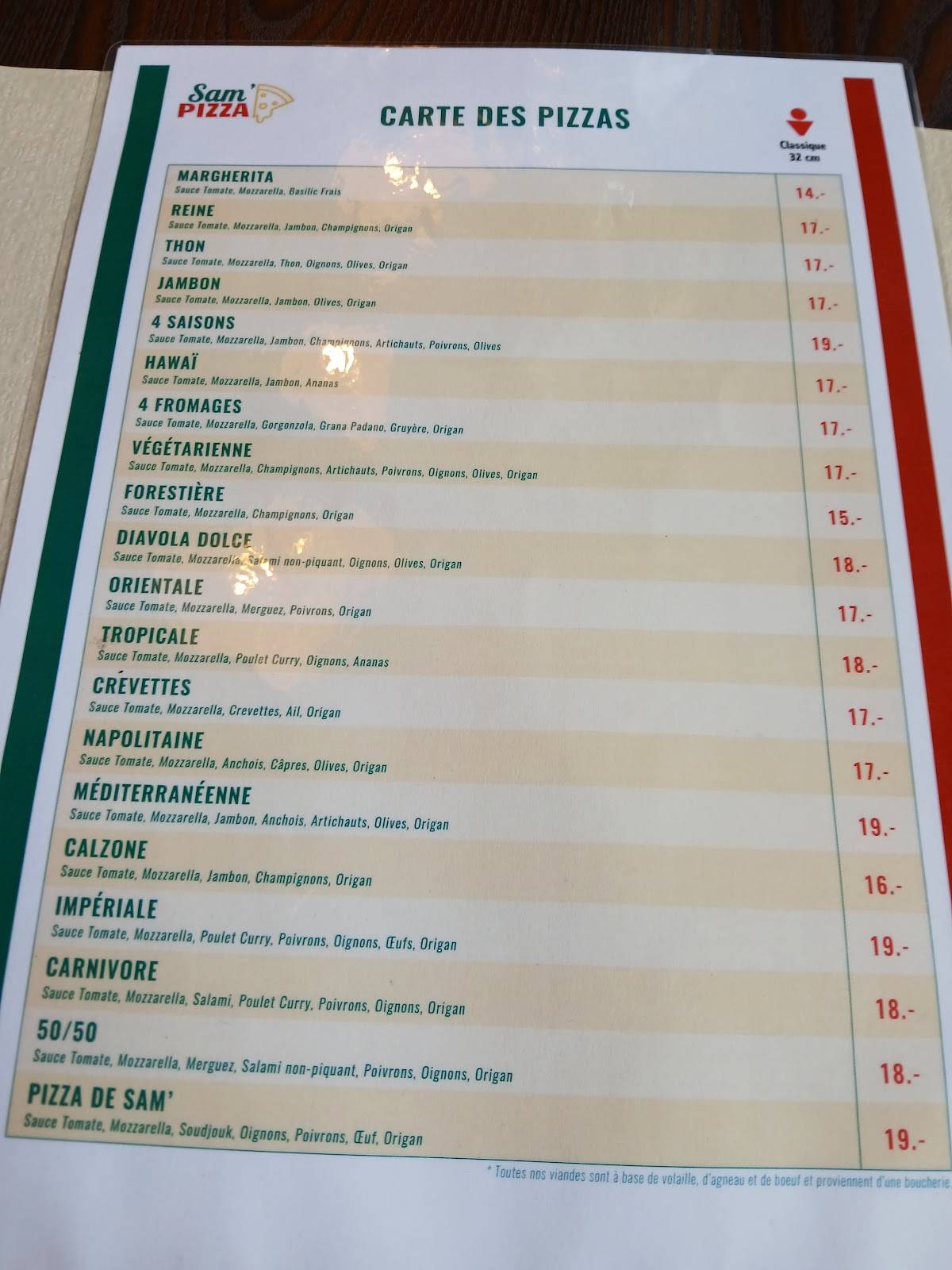 Menu at Sam' Pizza, Payerne