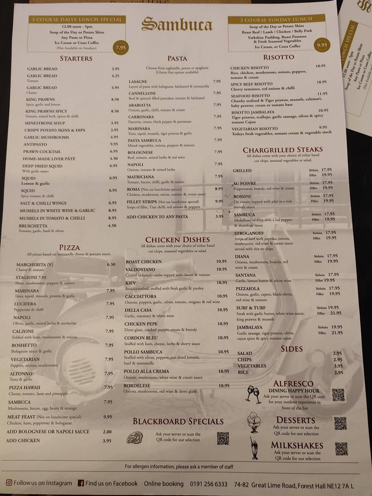 Menu at Sambuca Forest Hall restaurant, Newcastle upon Tyne