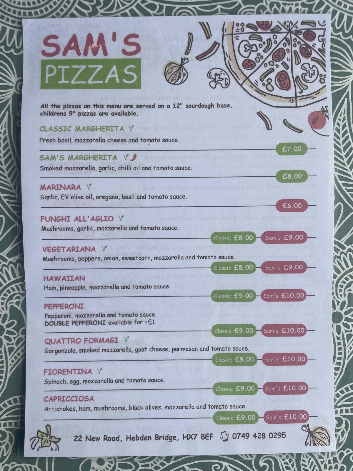 Menu at Sam’s Pizzas restaurant, Hebden Bridge