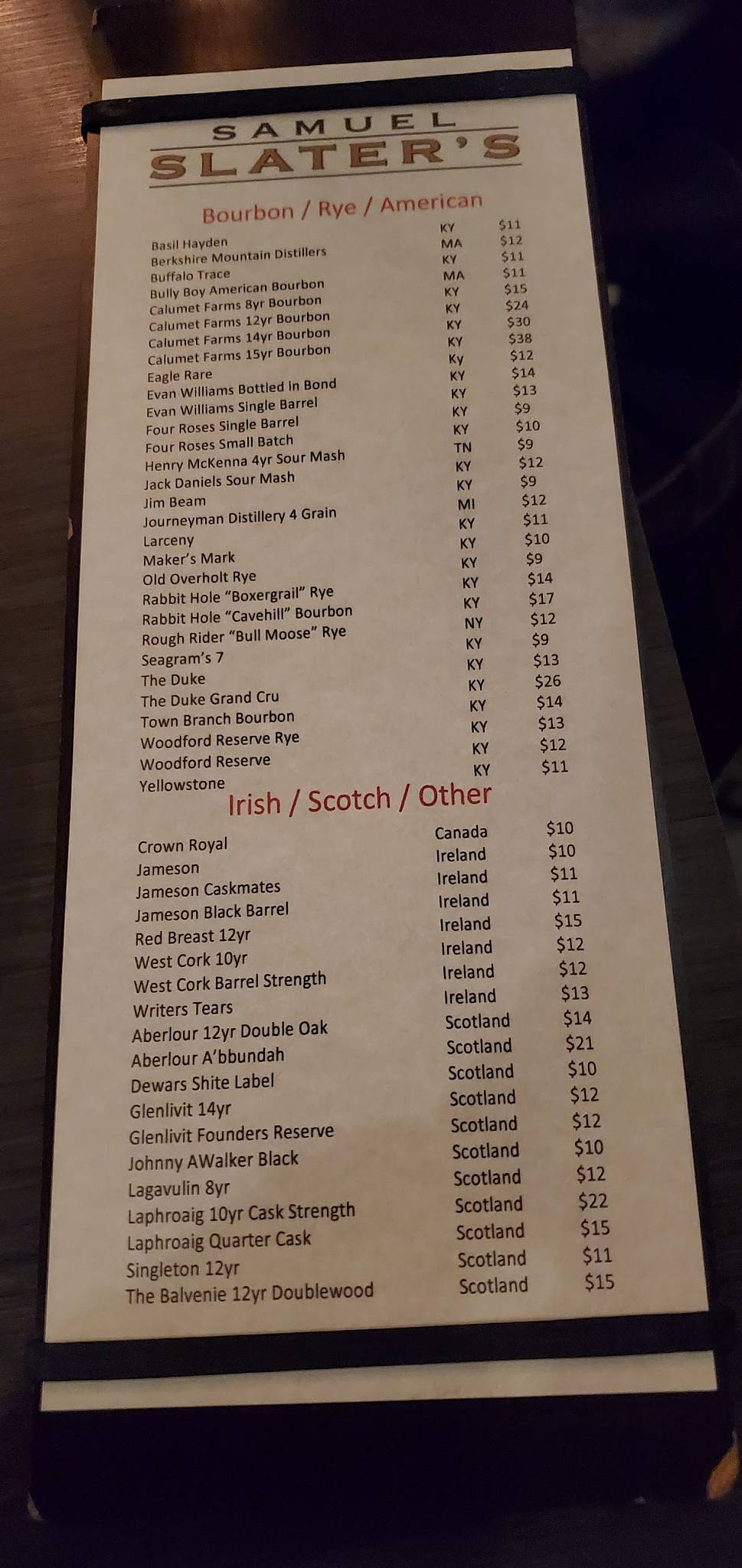 Menu at Samuel Slater's Restaurant, Webster