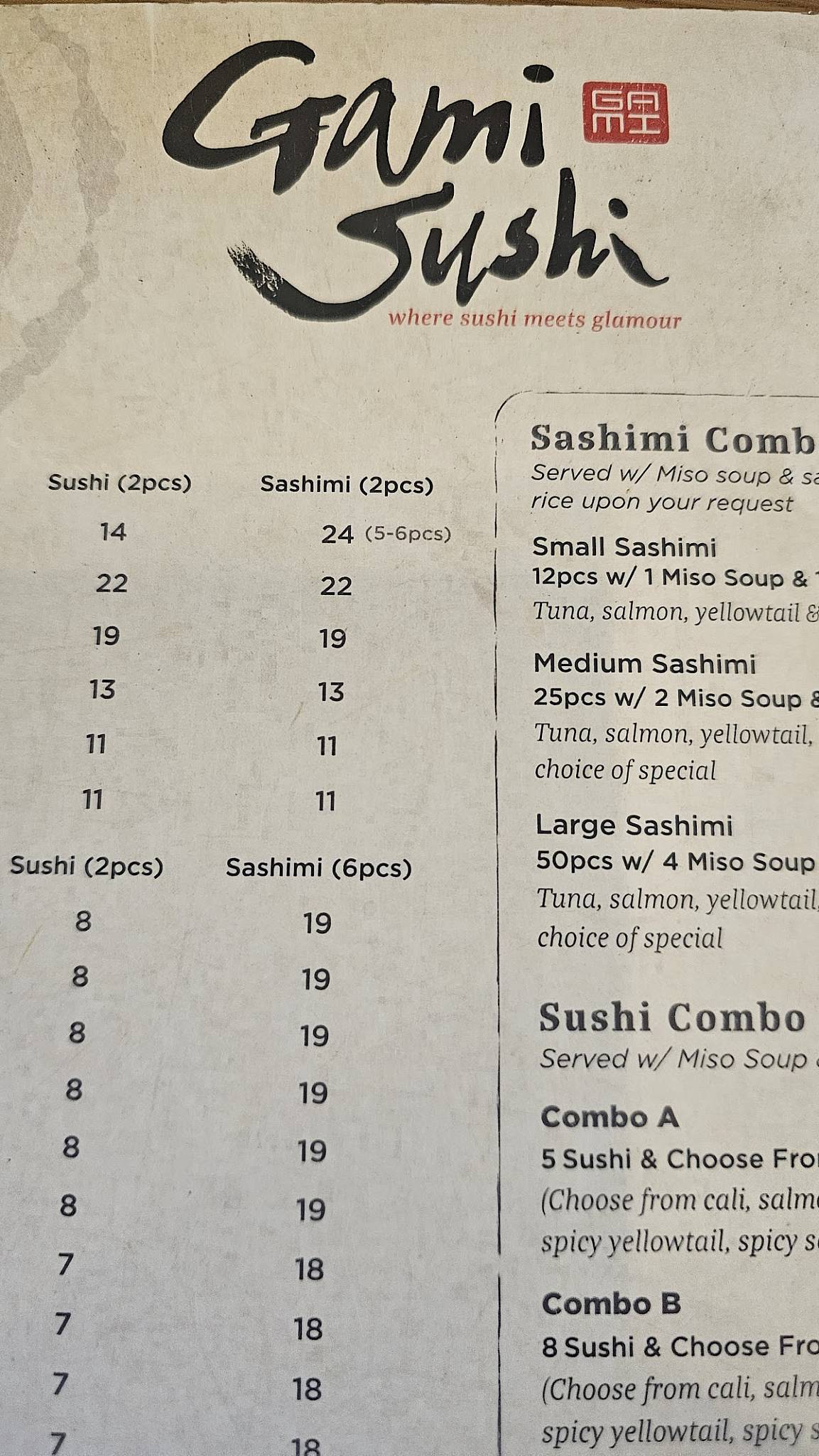 Menu at Gami Sushi restaurant, San Diego