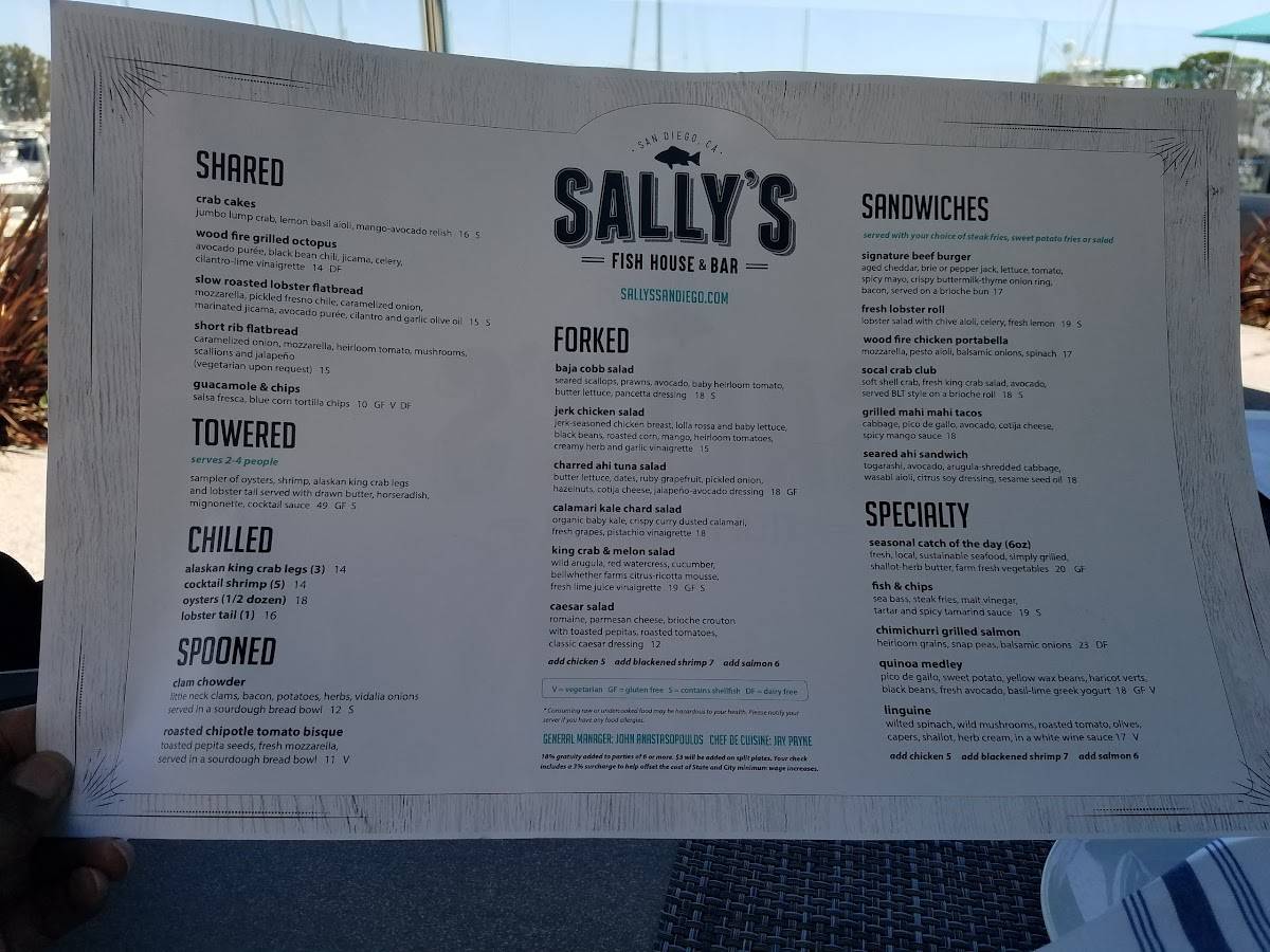 Menu at Sally's Fish House & Bar, San Diego
