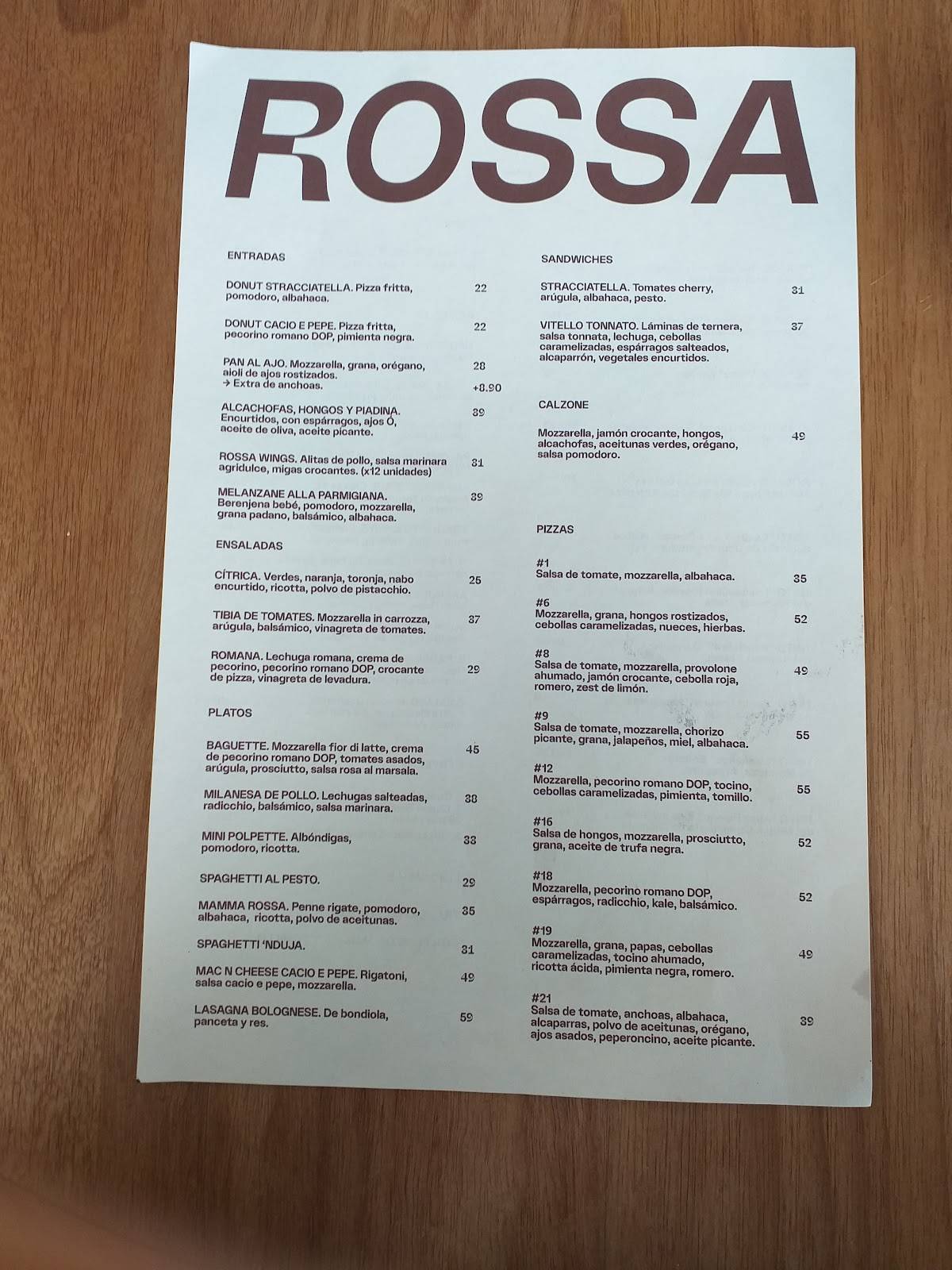 Carta del restaurante Rossa Pizza Appassionata, San Isidro