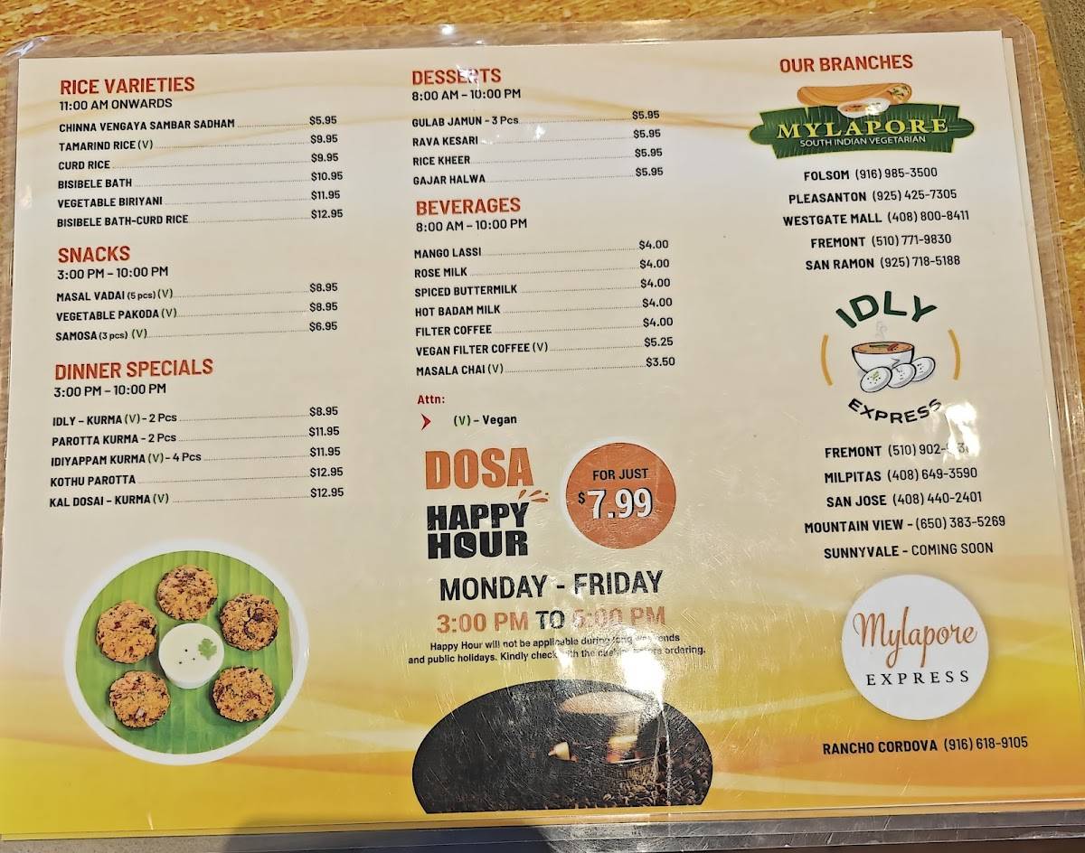 Menu at Mylapore South Indian Westgate restaurant, San Jose