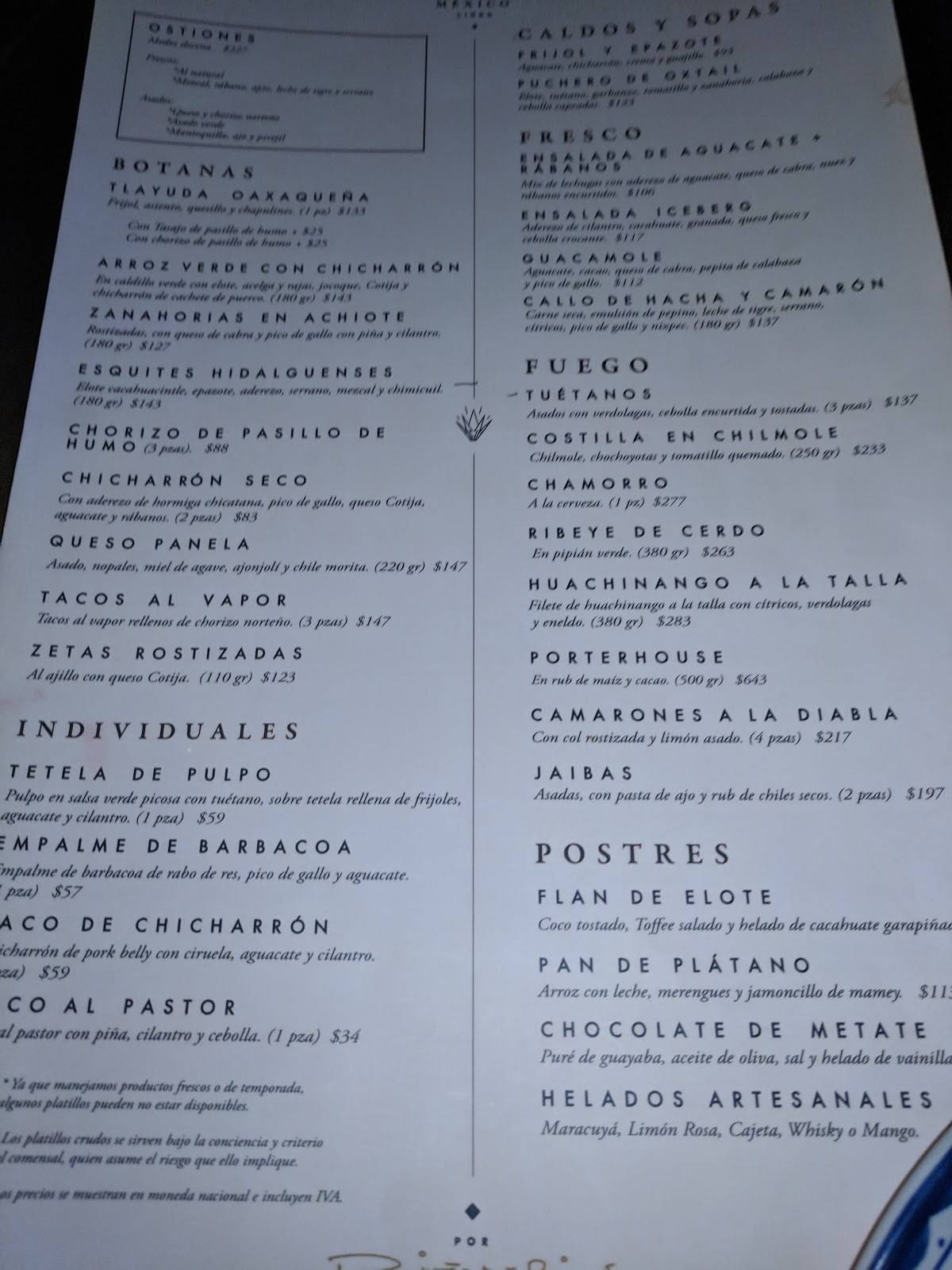 Carta del restaurante Cometa, San Pedro Garza García