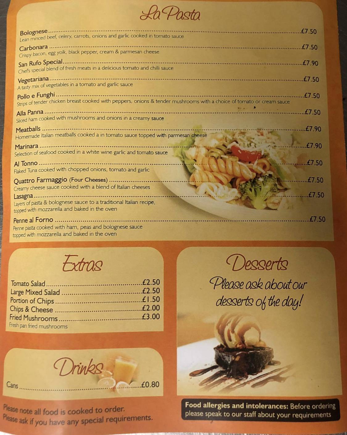 Menu at San Rufo’s Italian Restaurant, Skegness