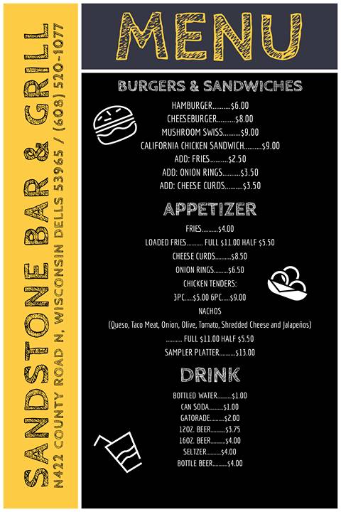 Menu at Sandstone Pub and Grill, Wisconsin Dells