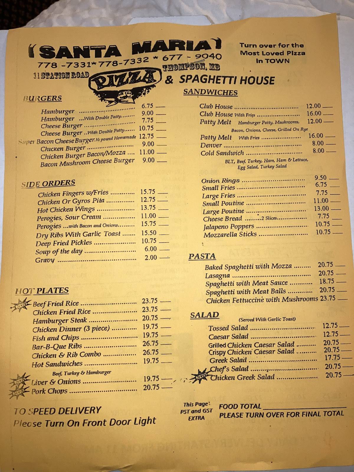Menu at Santa Maria Pizza & Spaghetti House pizzeria, Thompson