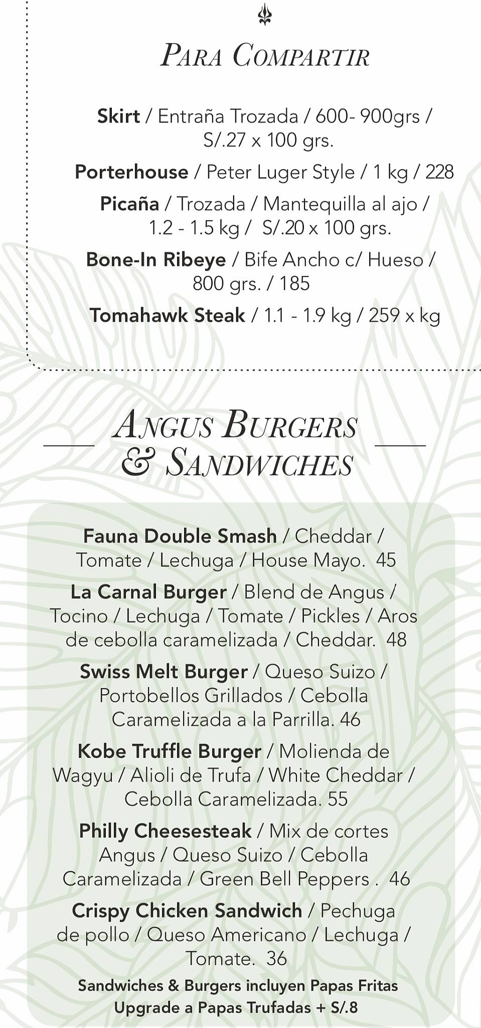 Carta de Fauna Restaurante, Santiago de Surco