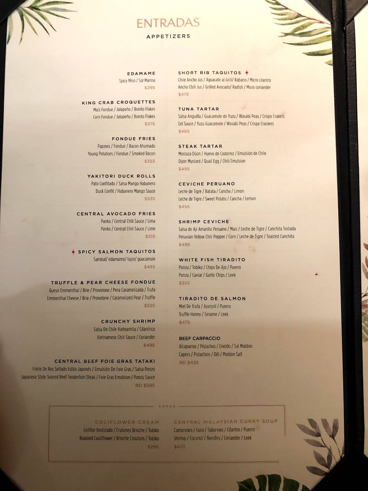 Carta del restaurante Central gastronómica, Santo Domingo