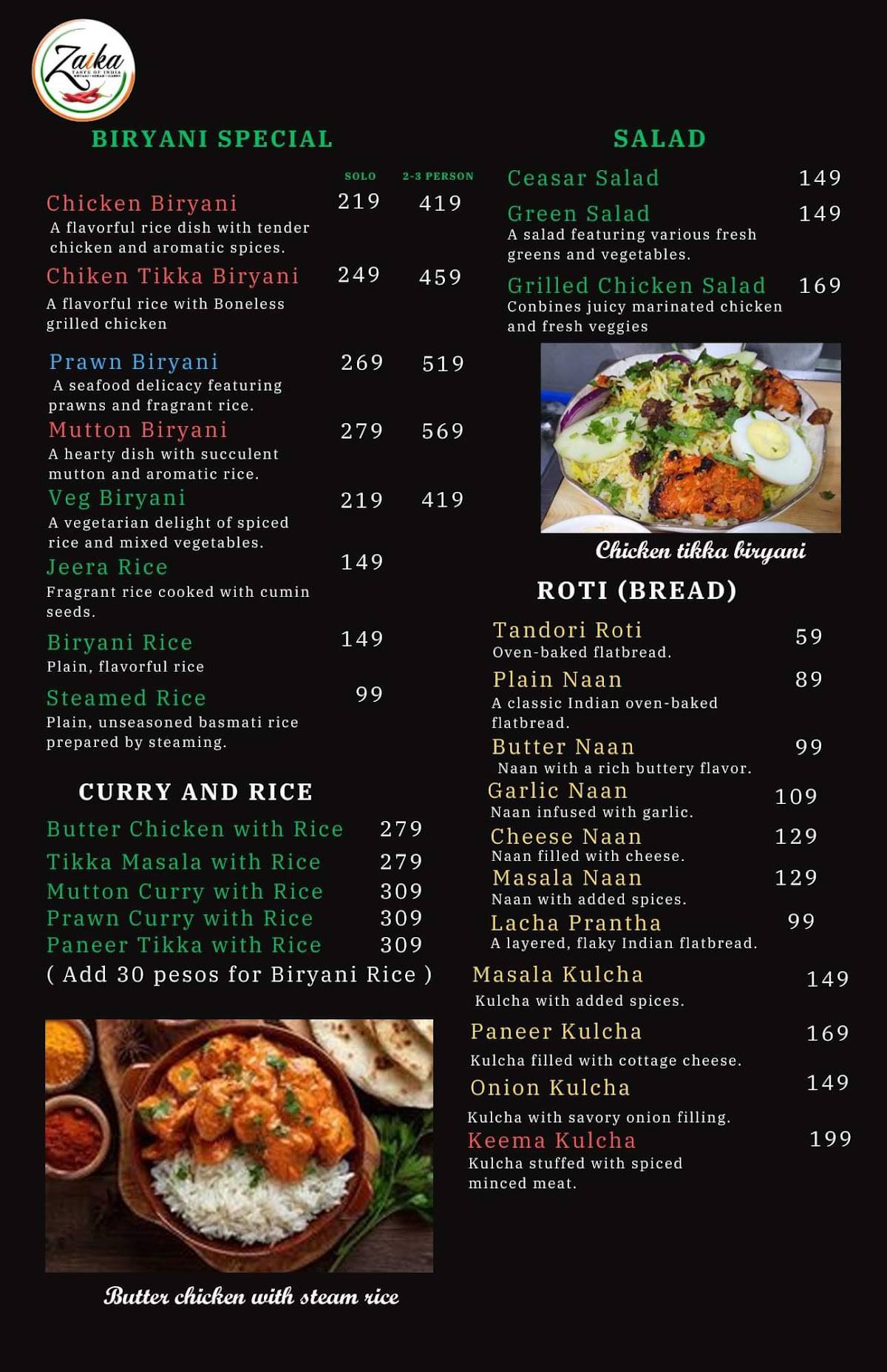Menu at Zaika Restaurant, Santo Tomas
