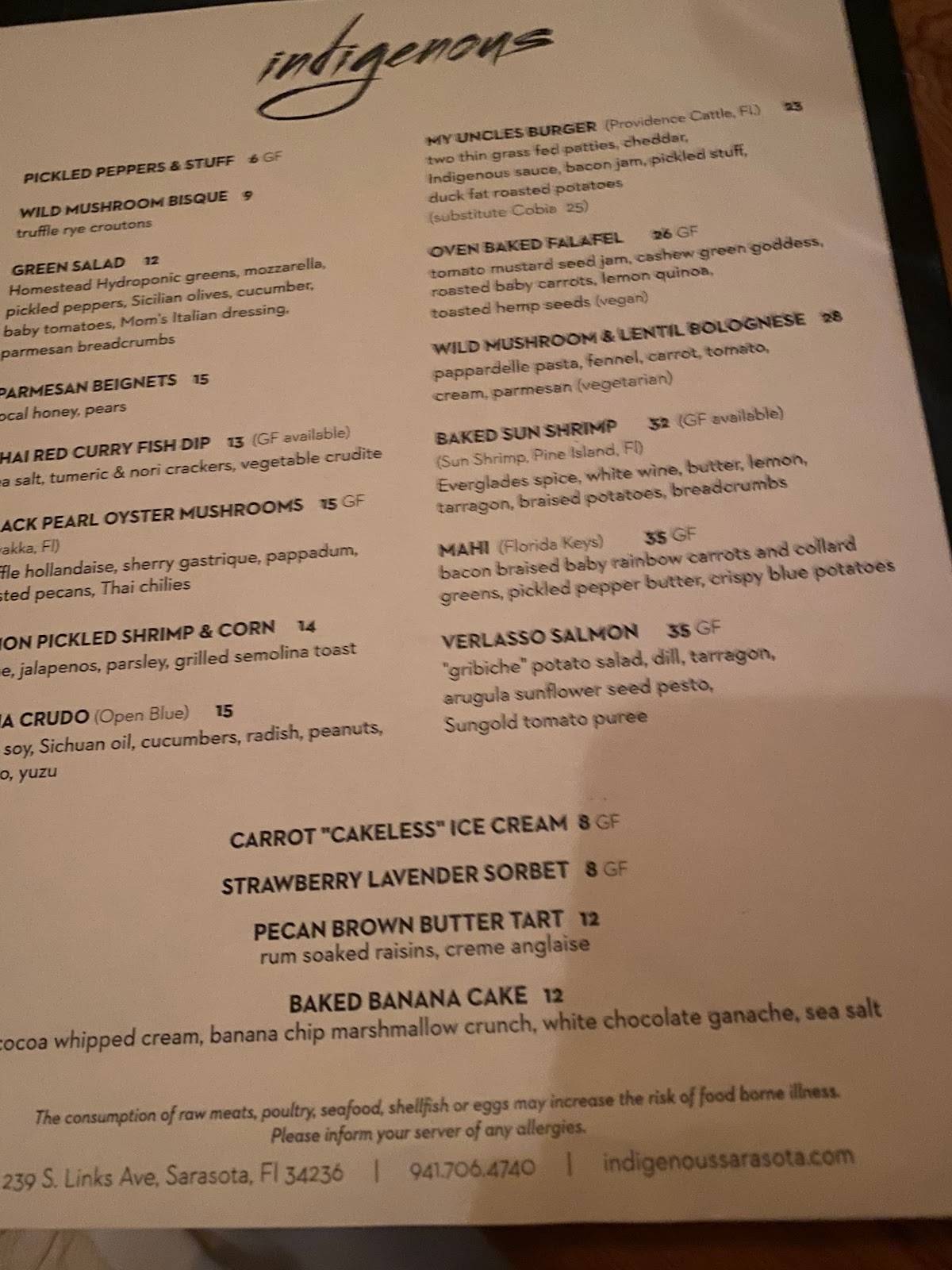 Menu at Indigenous Restaurant, Sarasota