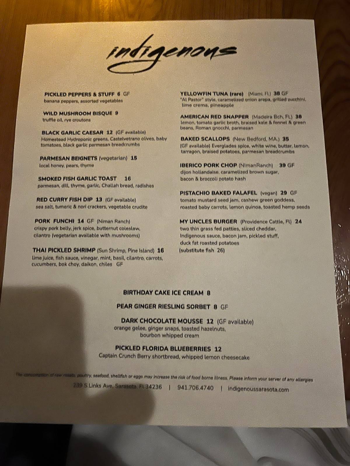 Menu at Indigenous Restaurant, Sarasota