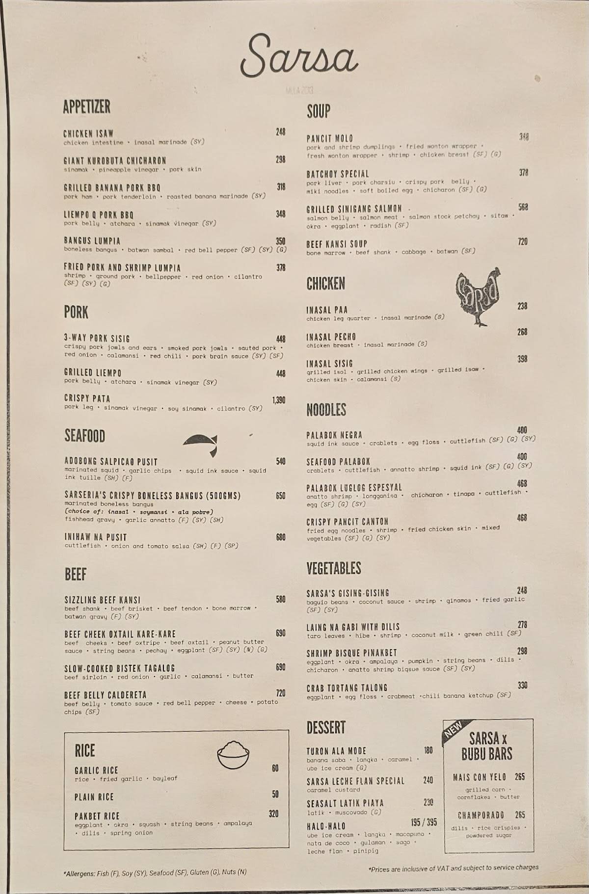 Menu at Sarsá Kitchen + Bar, Makati, 109 Rada