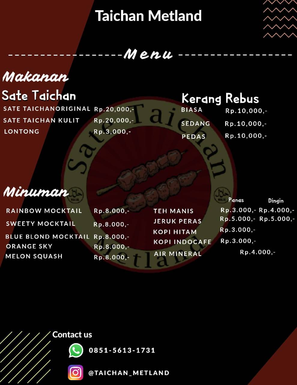 Menu at Sate Taichan Metland restaurant, East Jakarta