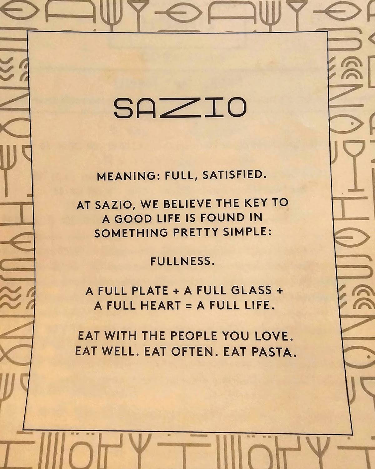 Menu at Sazio restaurant, Hastings