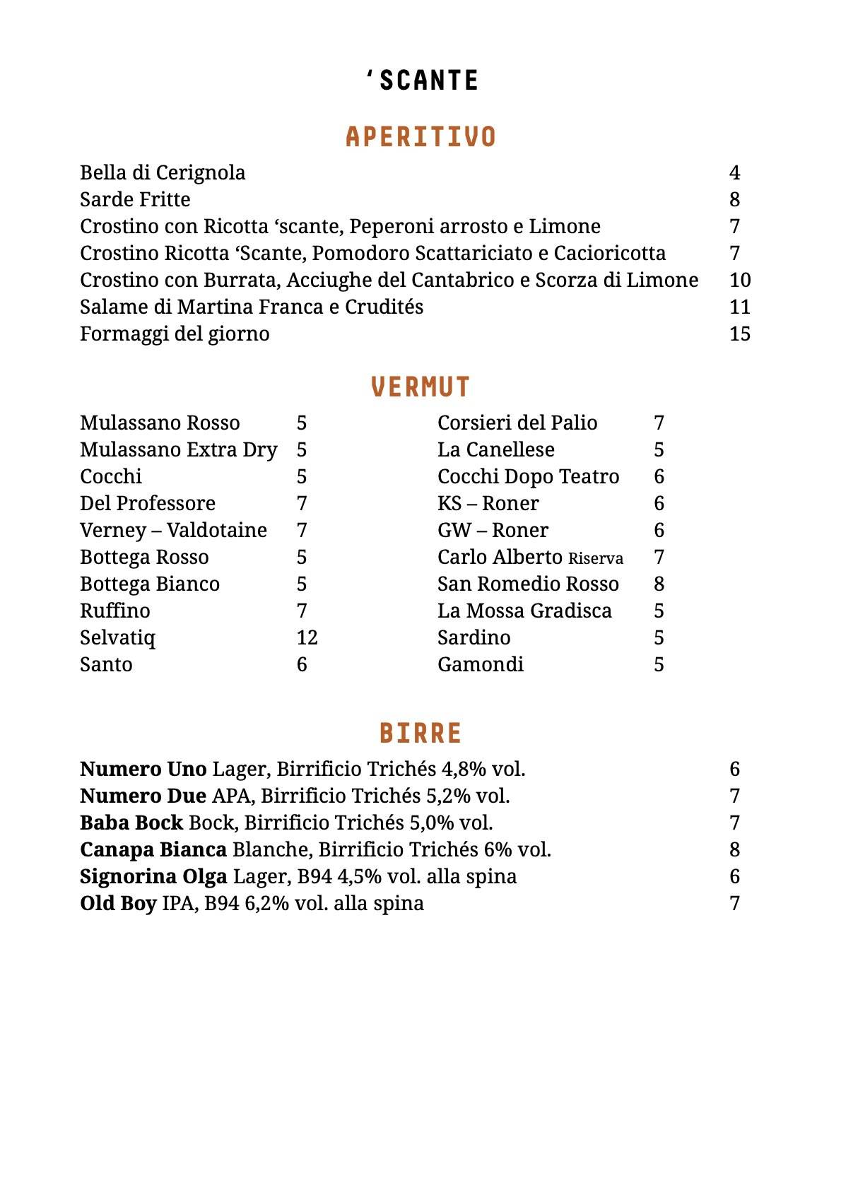 Menu at 'Scante Lecce restaurant, Lecce