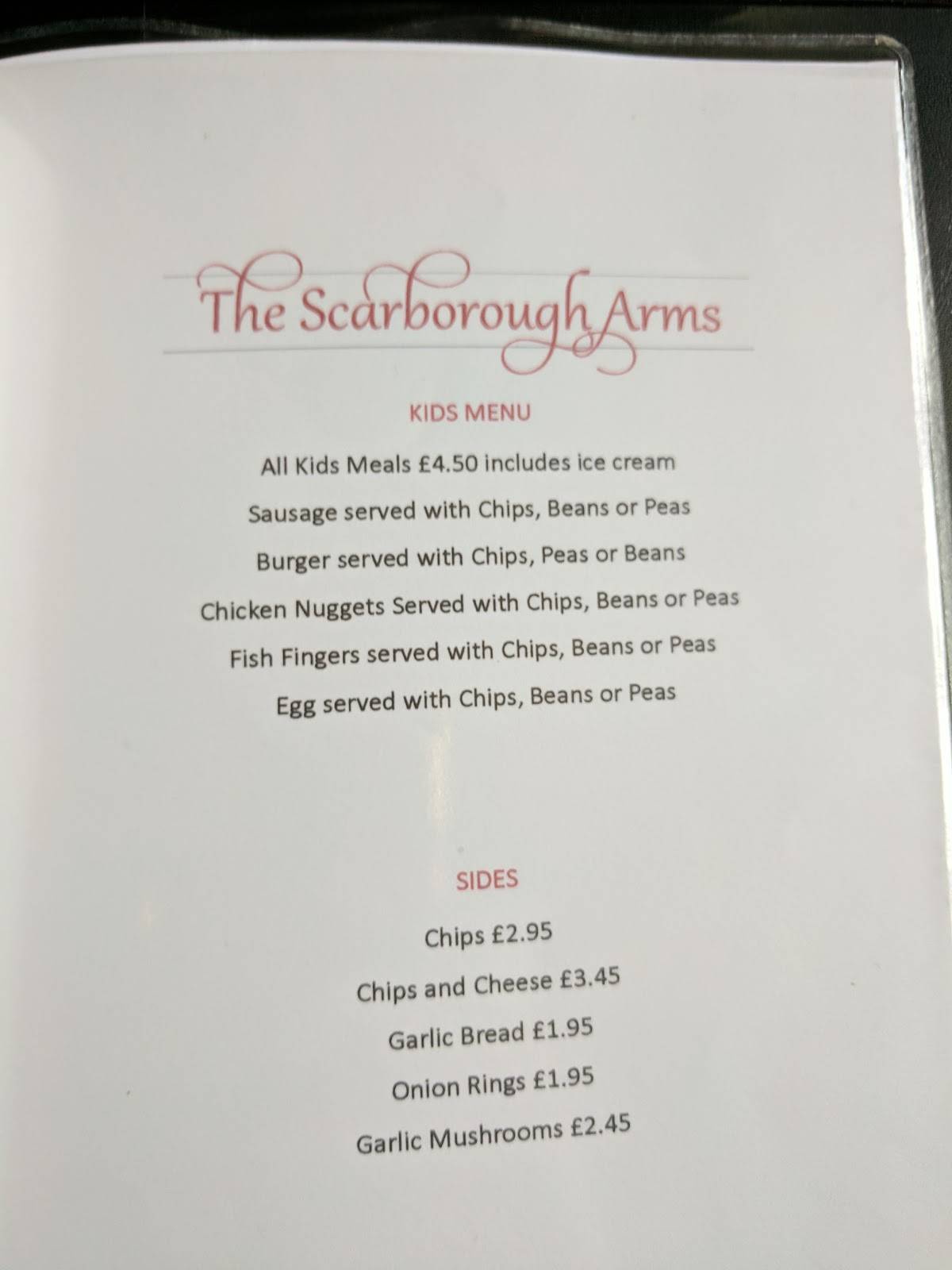 Menu at Scarborough Arms pub & bar, Scarborough