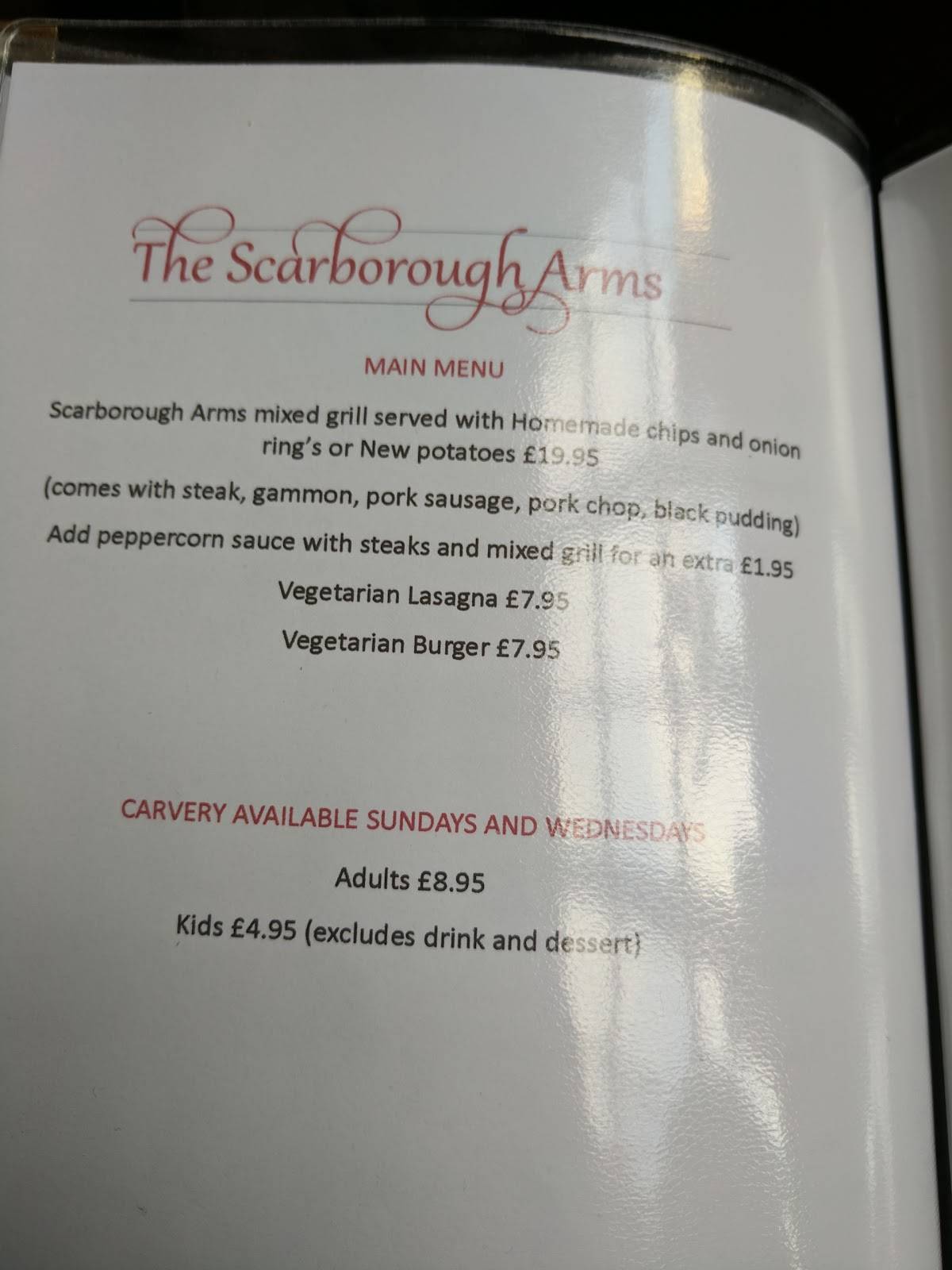 Menu at Scarborough Arms pub & bar, Scarborough