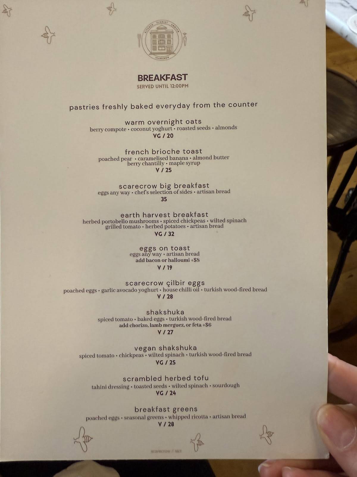 Menu at Scarecrow cafe, Auckland, 33 Victoria St E