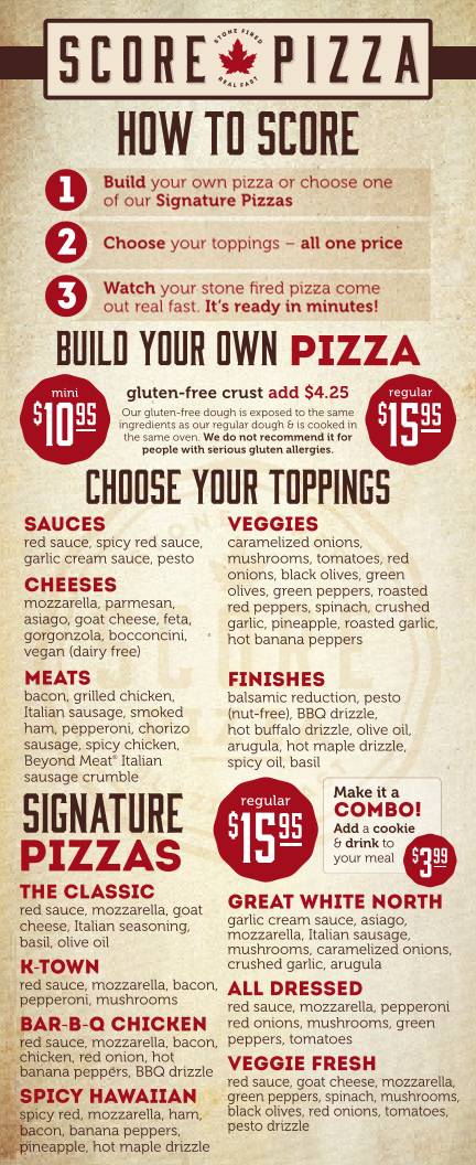 Menu at Score Pizza restaurant, Kitchener