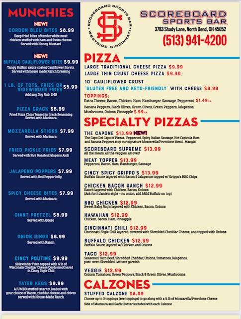 Menu at Scoreboard Sports Bar, North Bend, Shady Ln