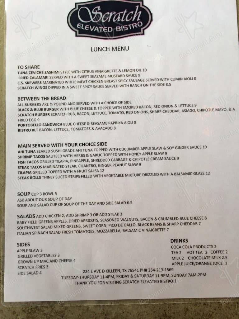 Menu at Scratch Elevated Bistro restaurant, Killeen