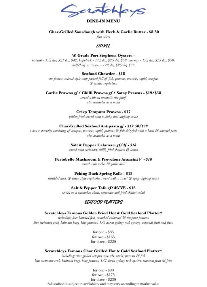 Menu at Scratchleys on the Wharf restaurant, Newcastle, 200 Wharf Rd