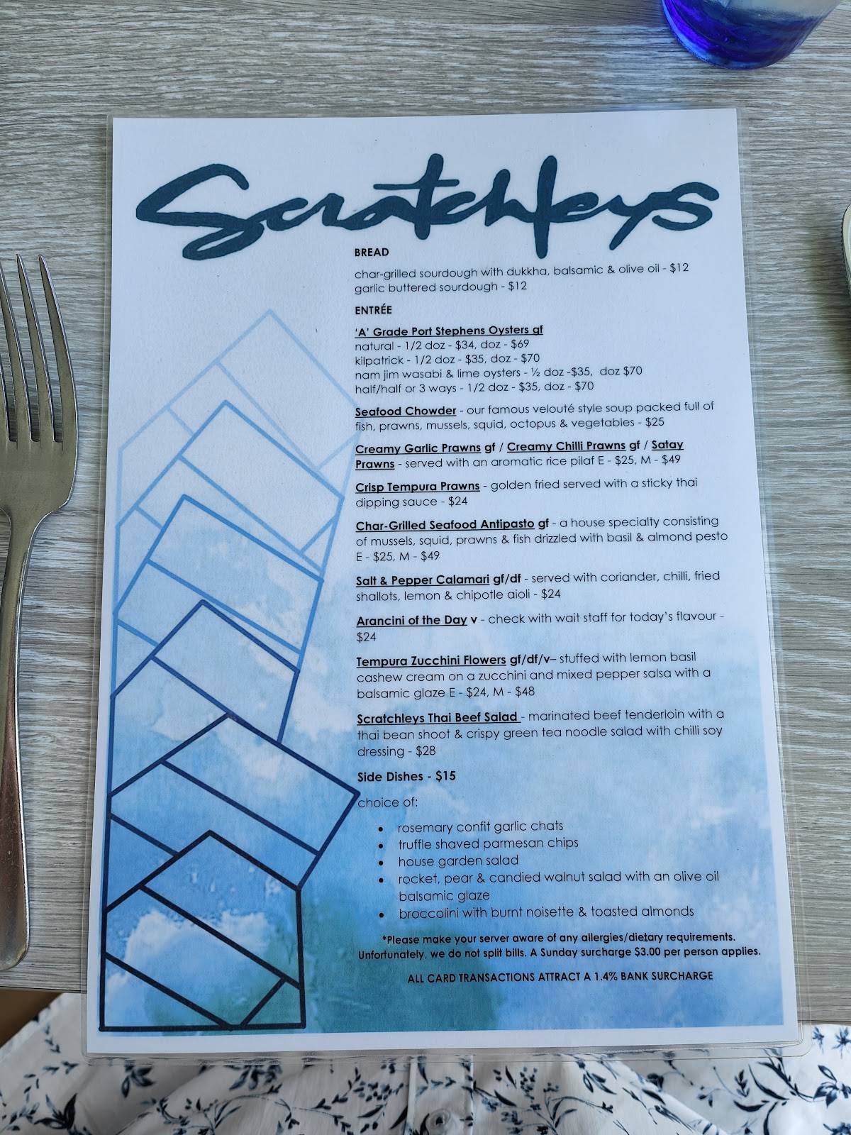Menu at Scratchleys on the Wharf restaurant, Newcastle, 200 Wharf Rd