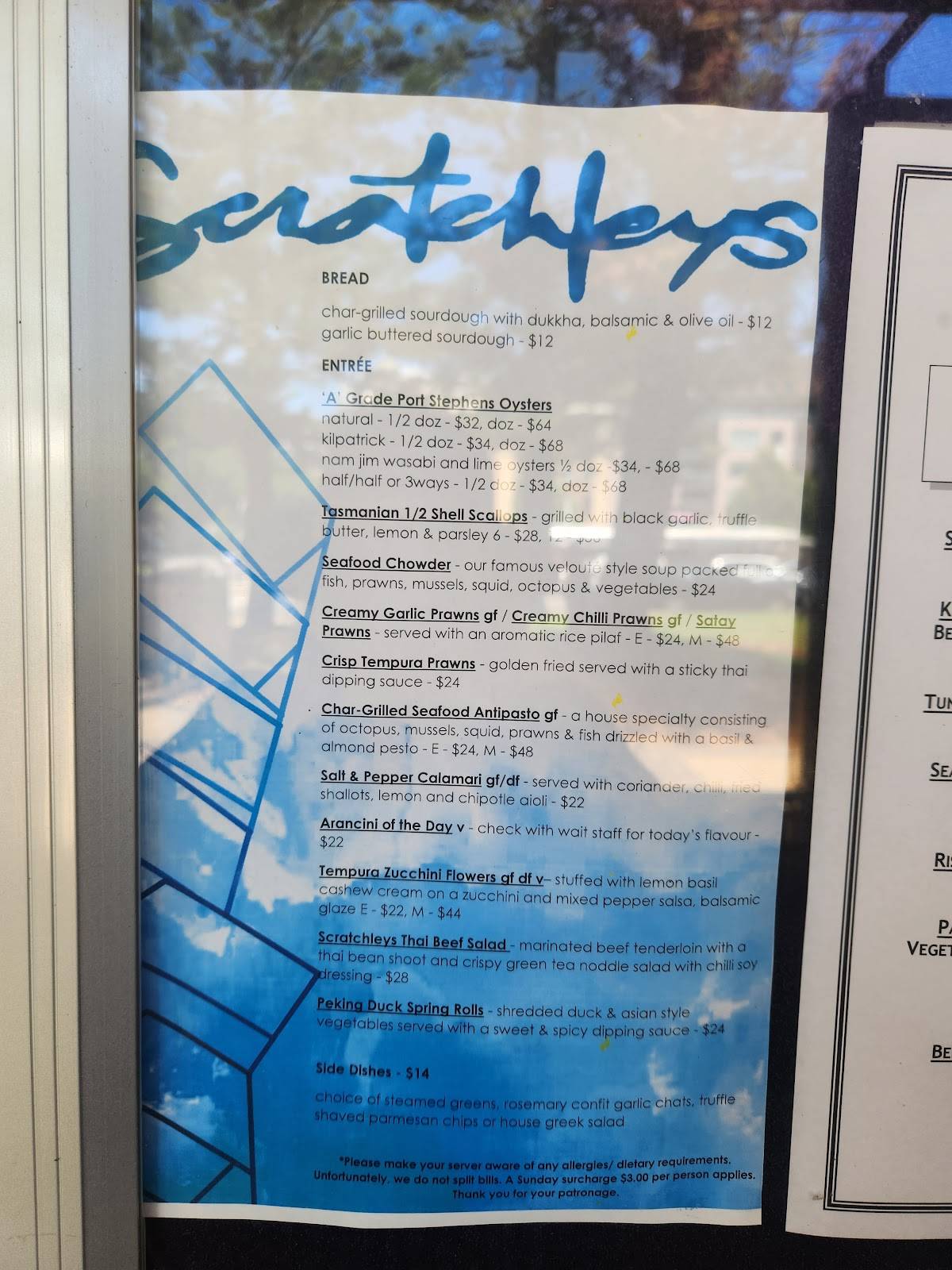Menu at Scratchleys on the Wharf restaurant, Newcastle, 200 Wharf Rd