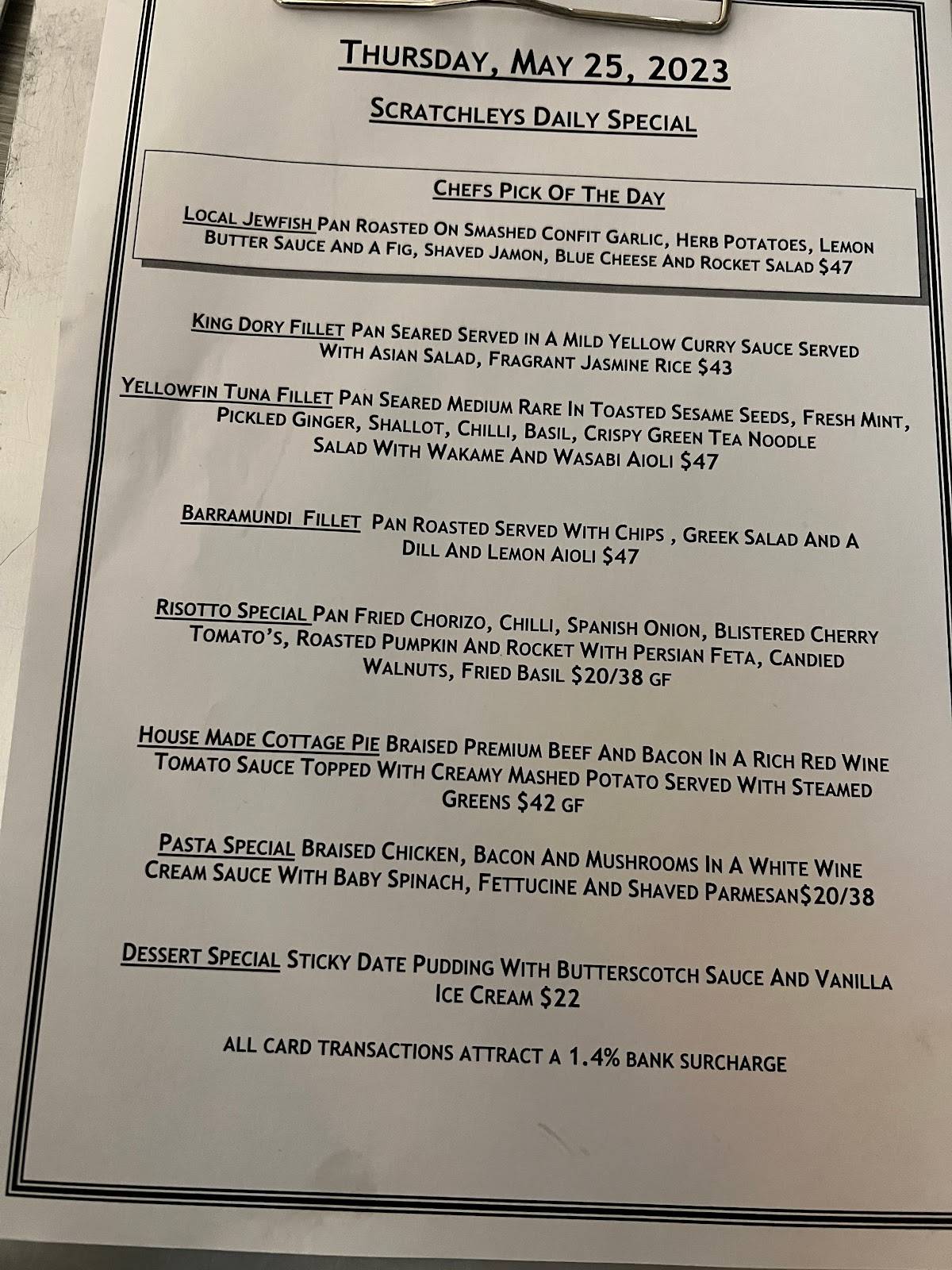 Menu at Scratchleys on the Wharf restaurant, Newcastle, 200 Wharf Rd