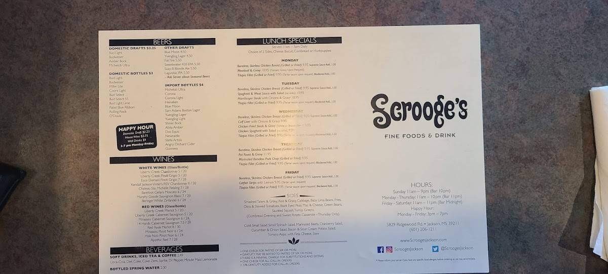 Menu at Scrooge's Fine Foods & Drink restaurant, Jackson