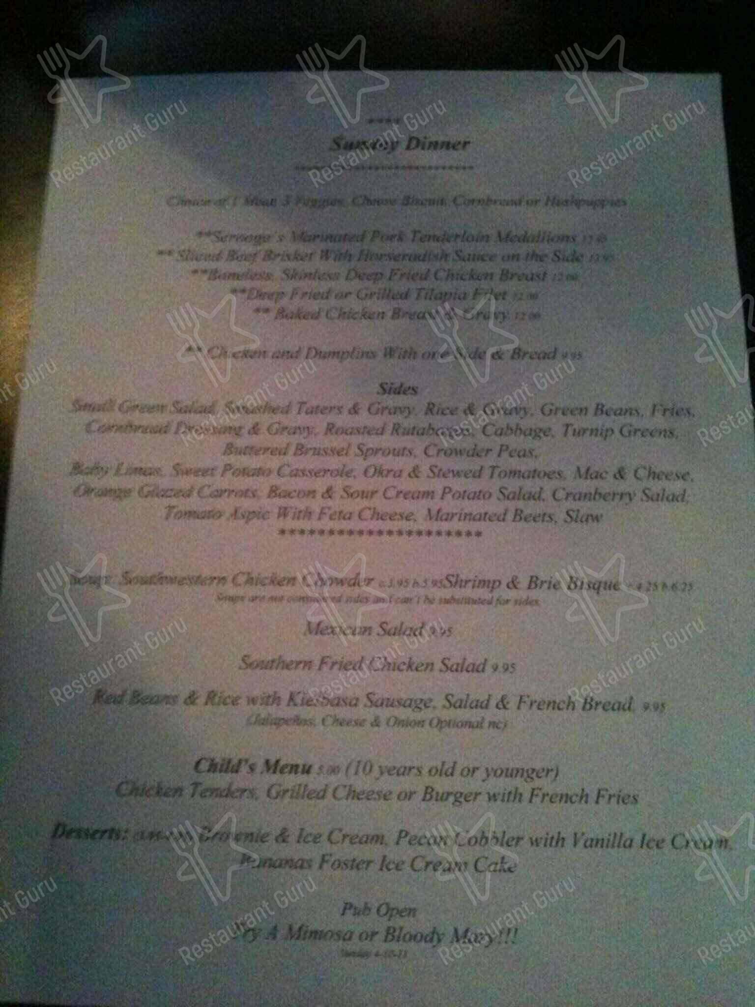 Menu at Scrooge's Fine Foods & Drink restaurant, Jackson