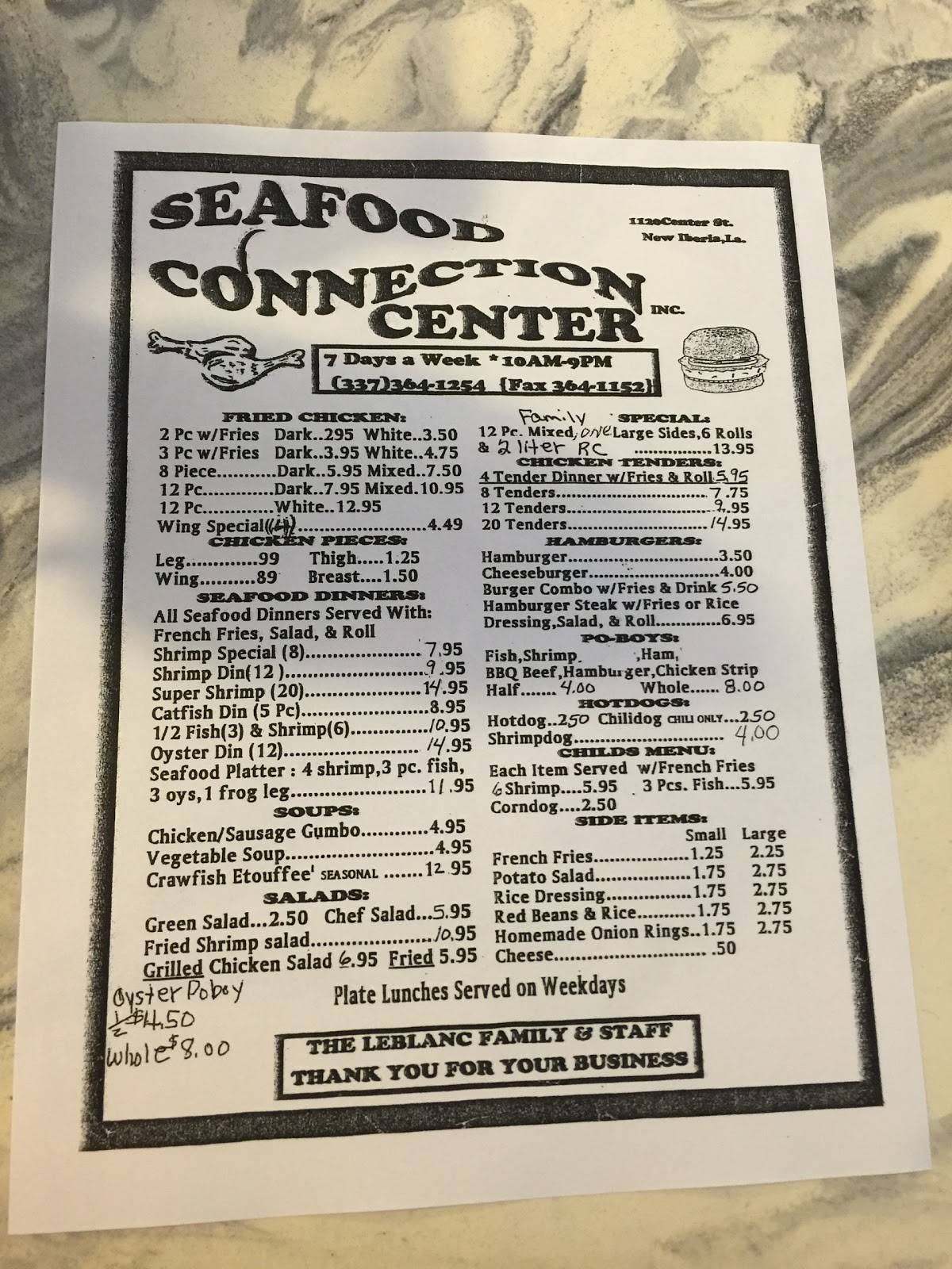 Menu at Seafood Connection II restaurant, New Iberia