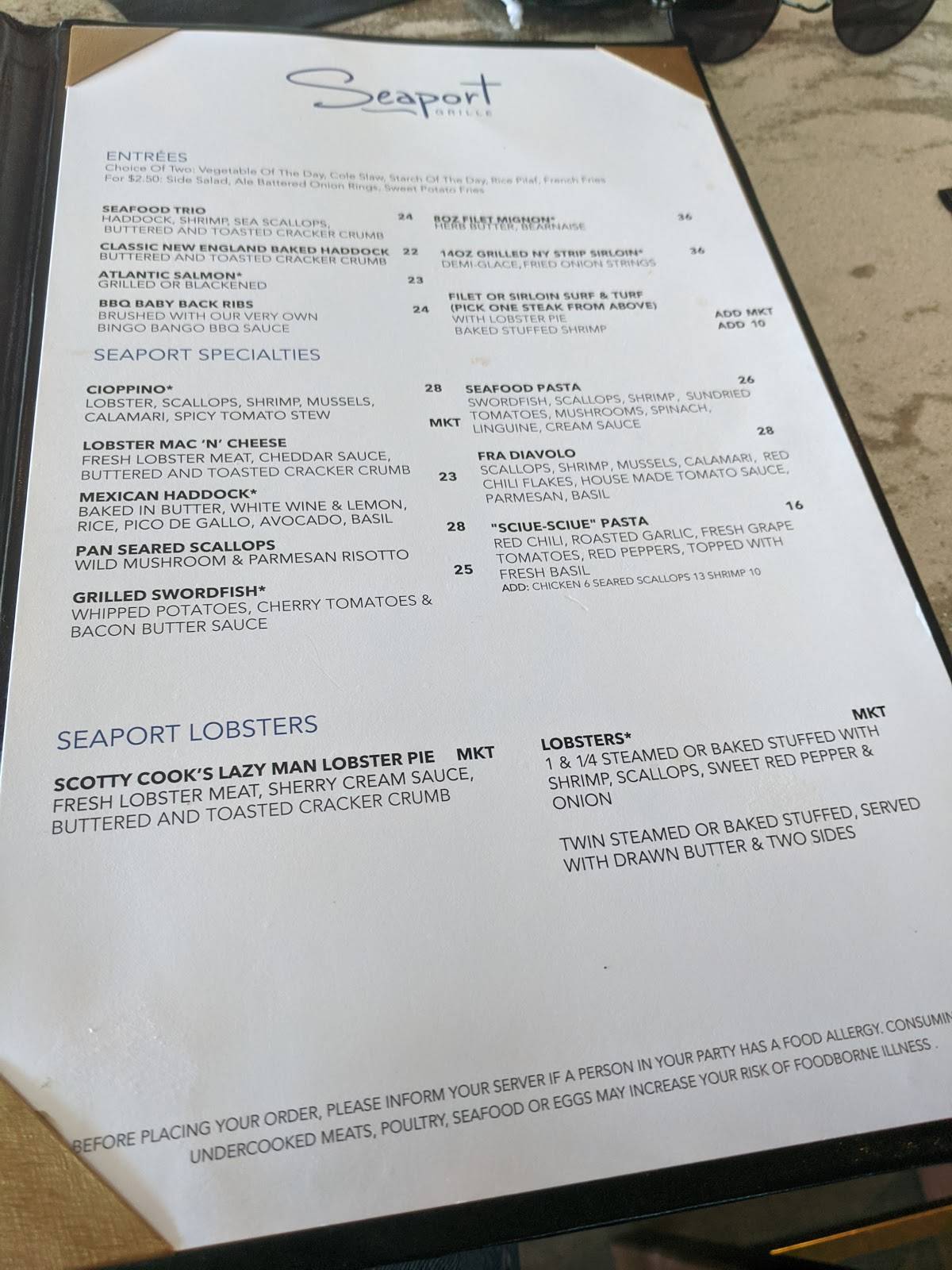 Menu at Seaport Grille restaurant, Gloucester, 6 Rowe Sq