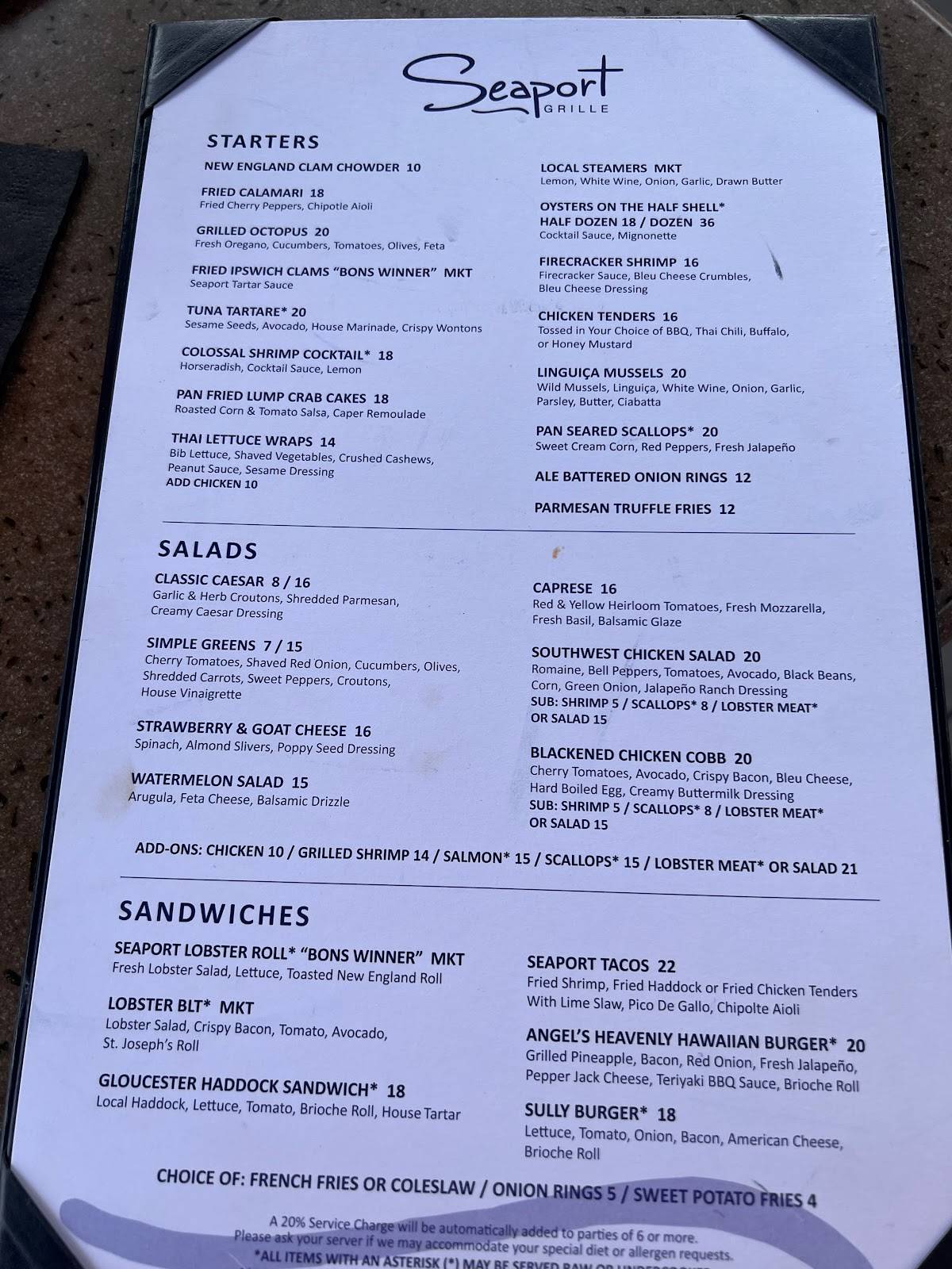 Menu at Seaport Grille restaurant, Gloucester, 6 Rowe Sq