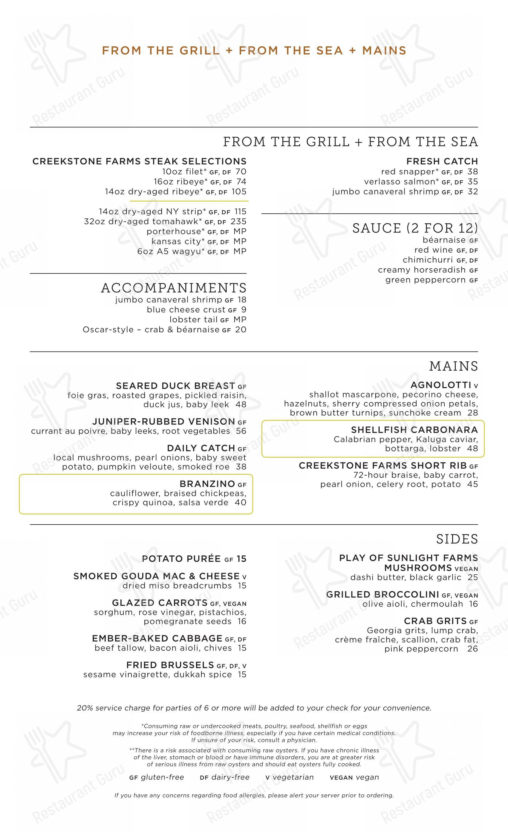Menu at Sear + Sea Woodfire Grill steakhouse, Orlando