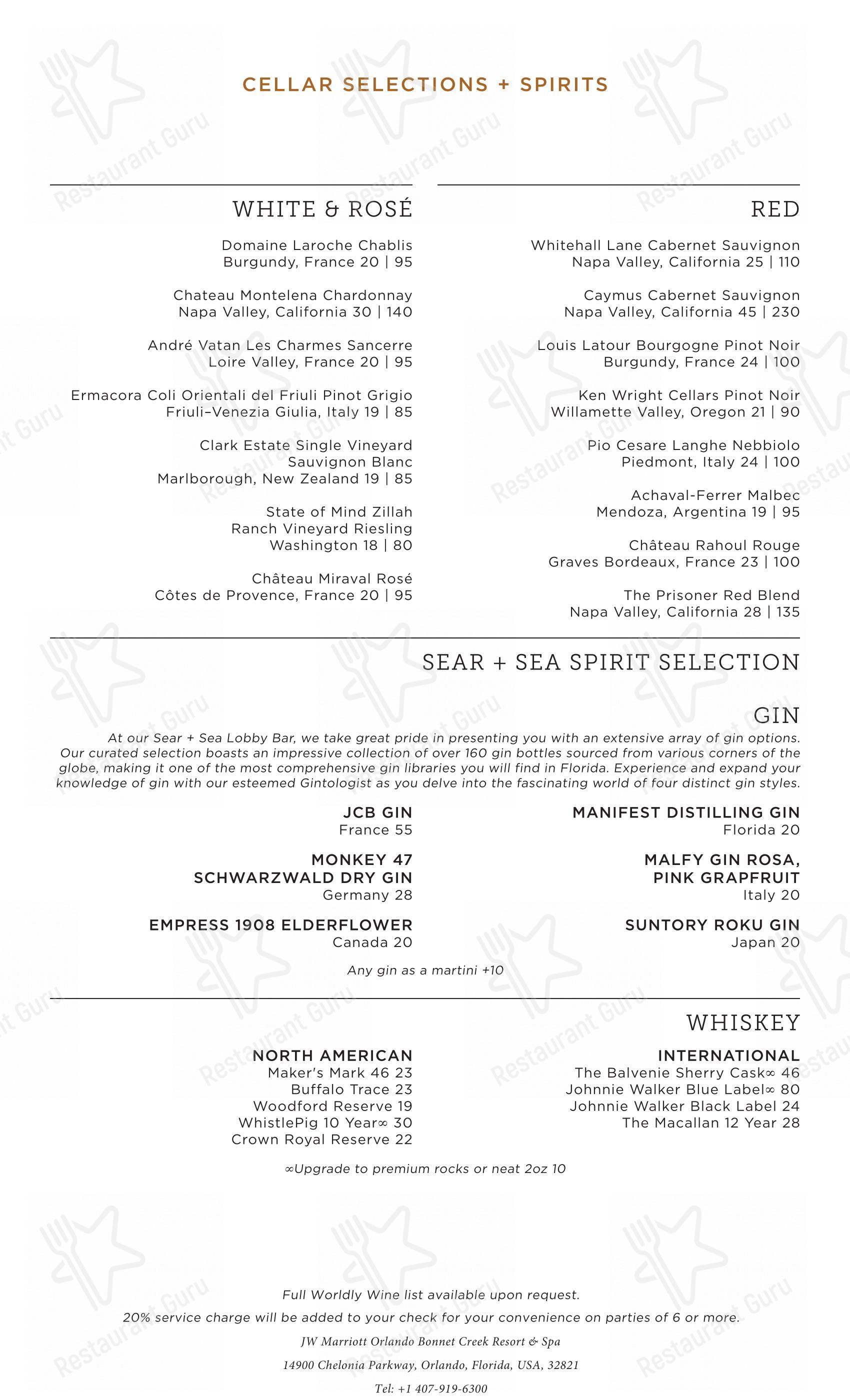 Menu at Sear + Sea Woodfire Grill steakhouse, Orlando