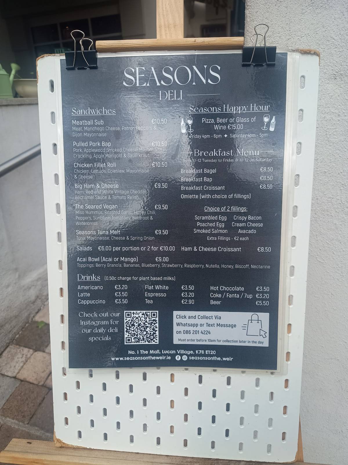 Menu at Seasons on the Weir restaurant, Lucan