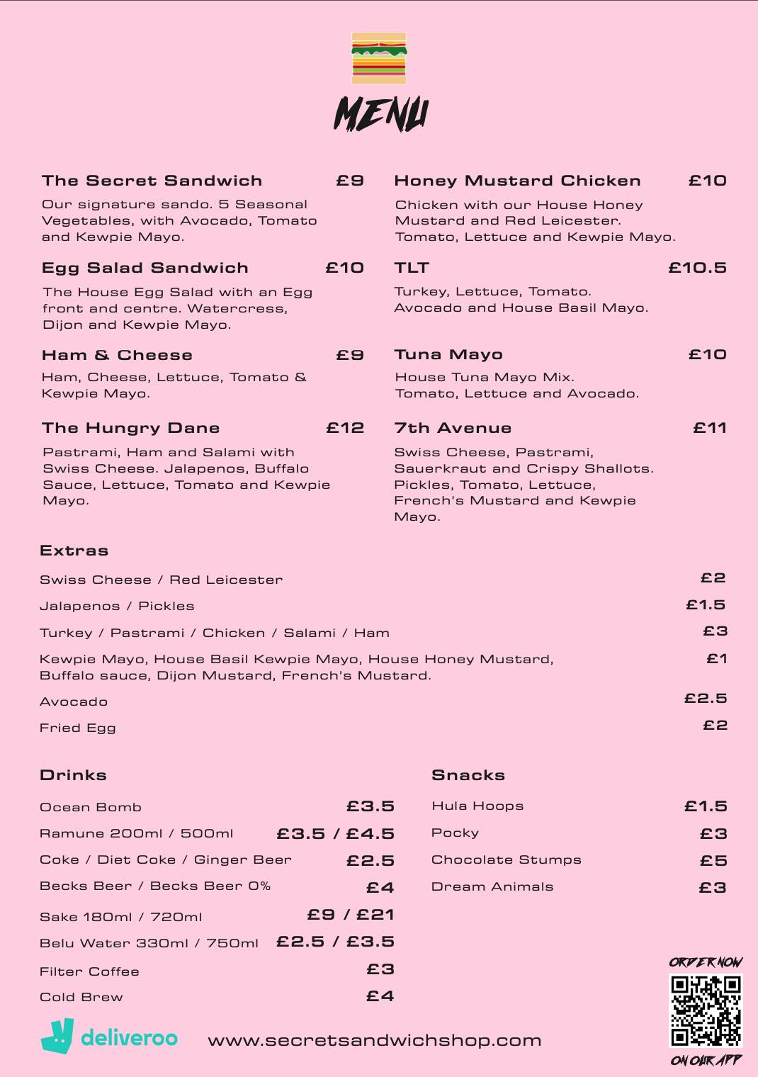 Menu at Secret Sandwich Shop restaurant, London