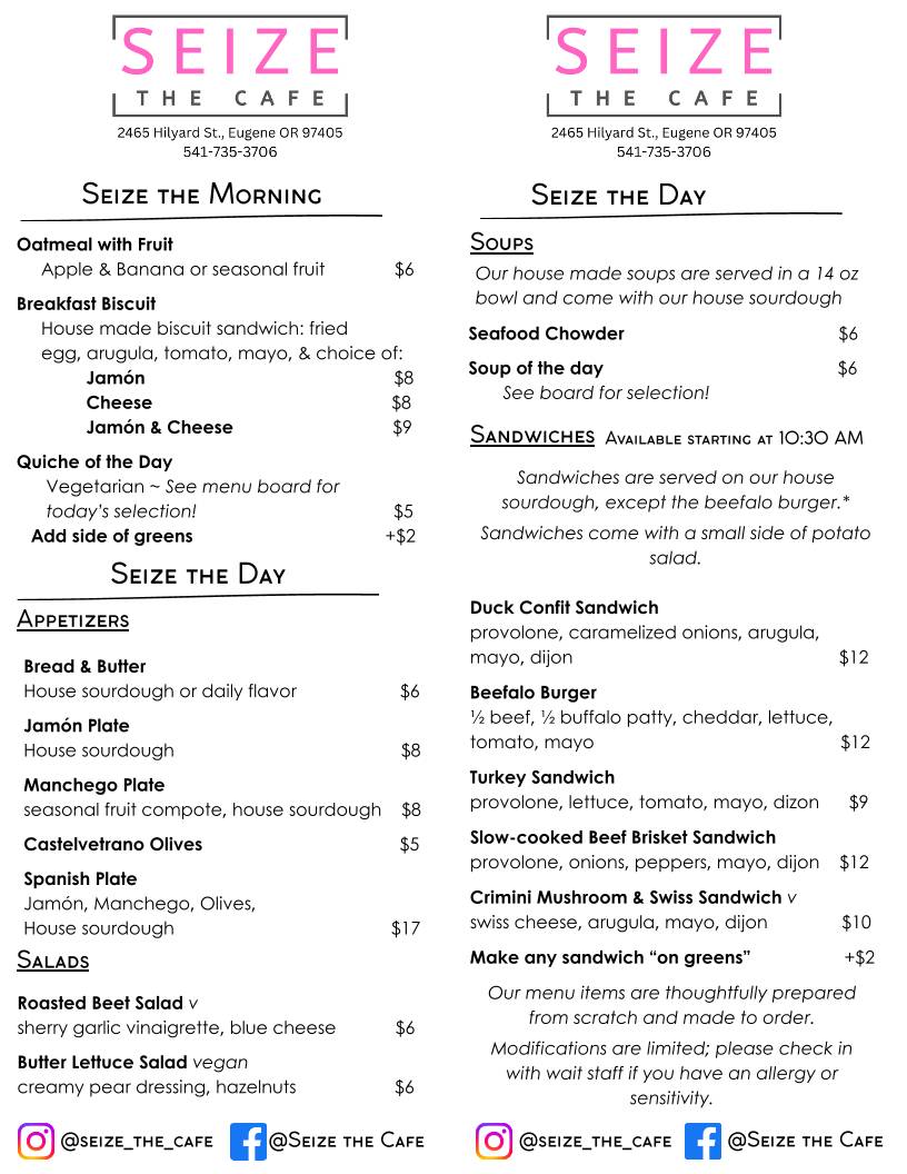 Menu at Seize the Cafe, Eugene