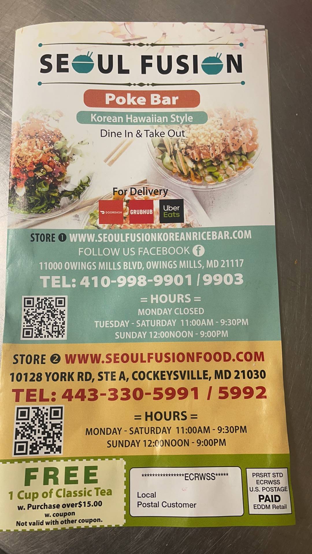 Carta de Seoul Fusion Korean & Poke Bar, Cockeysville